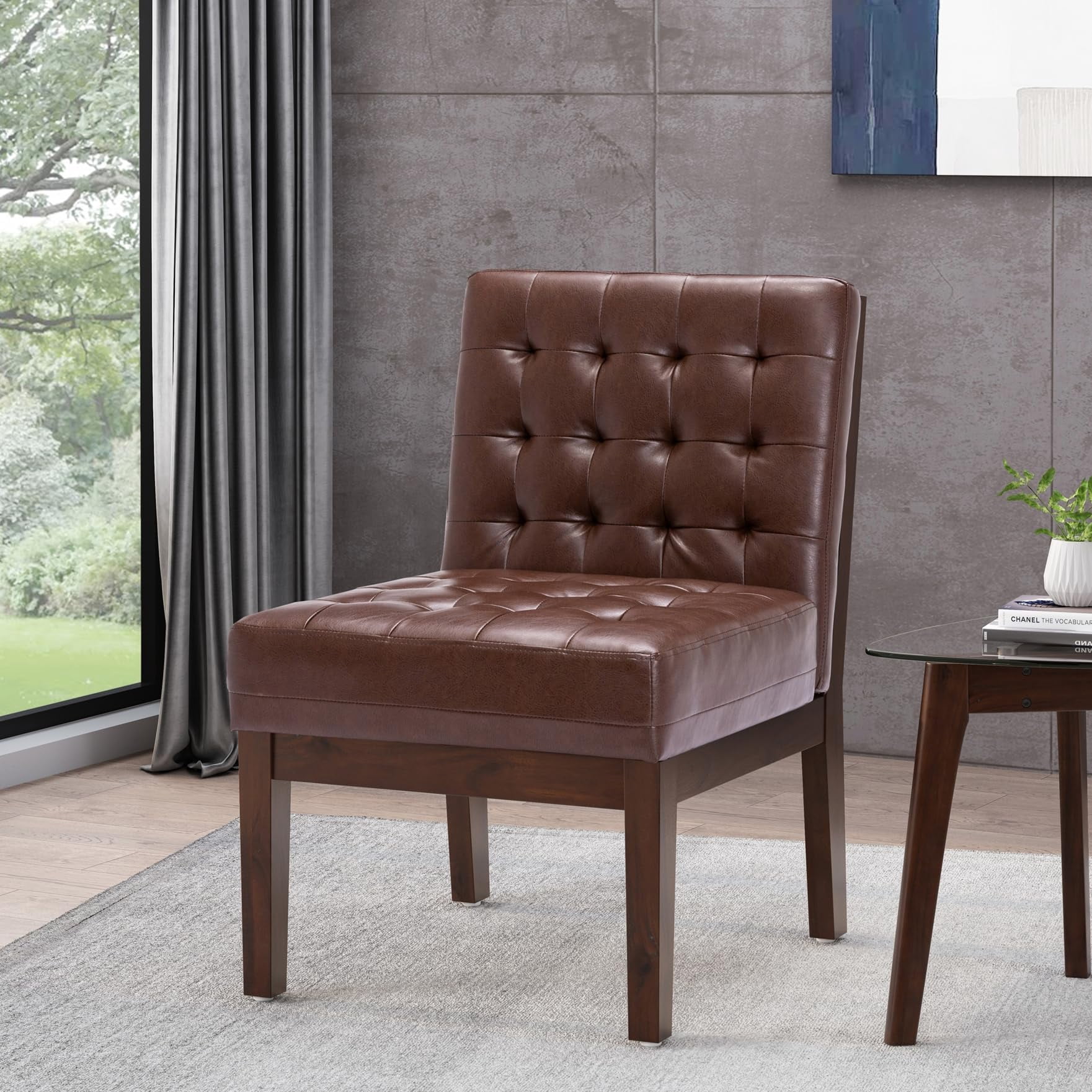 Contemporary Dark Brown PU Accent Chair with Tufted Waffle Stitch and ...