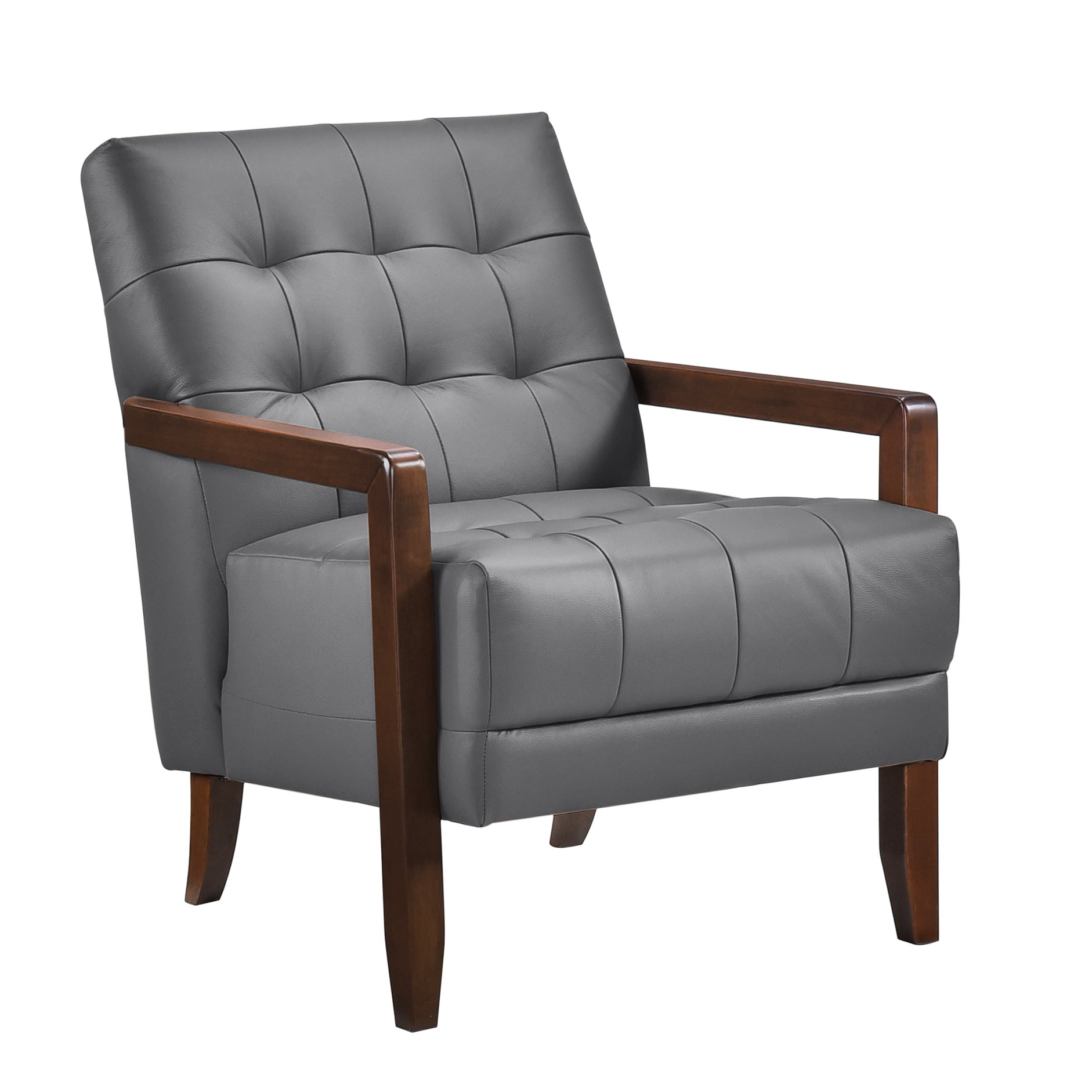 Contemporary Dark Gray Leather Accent Chair With High Foam And Walnut Finish Wood Parts In 100% ...