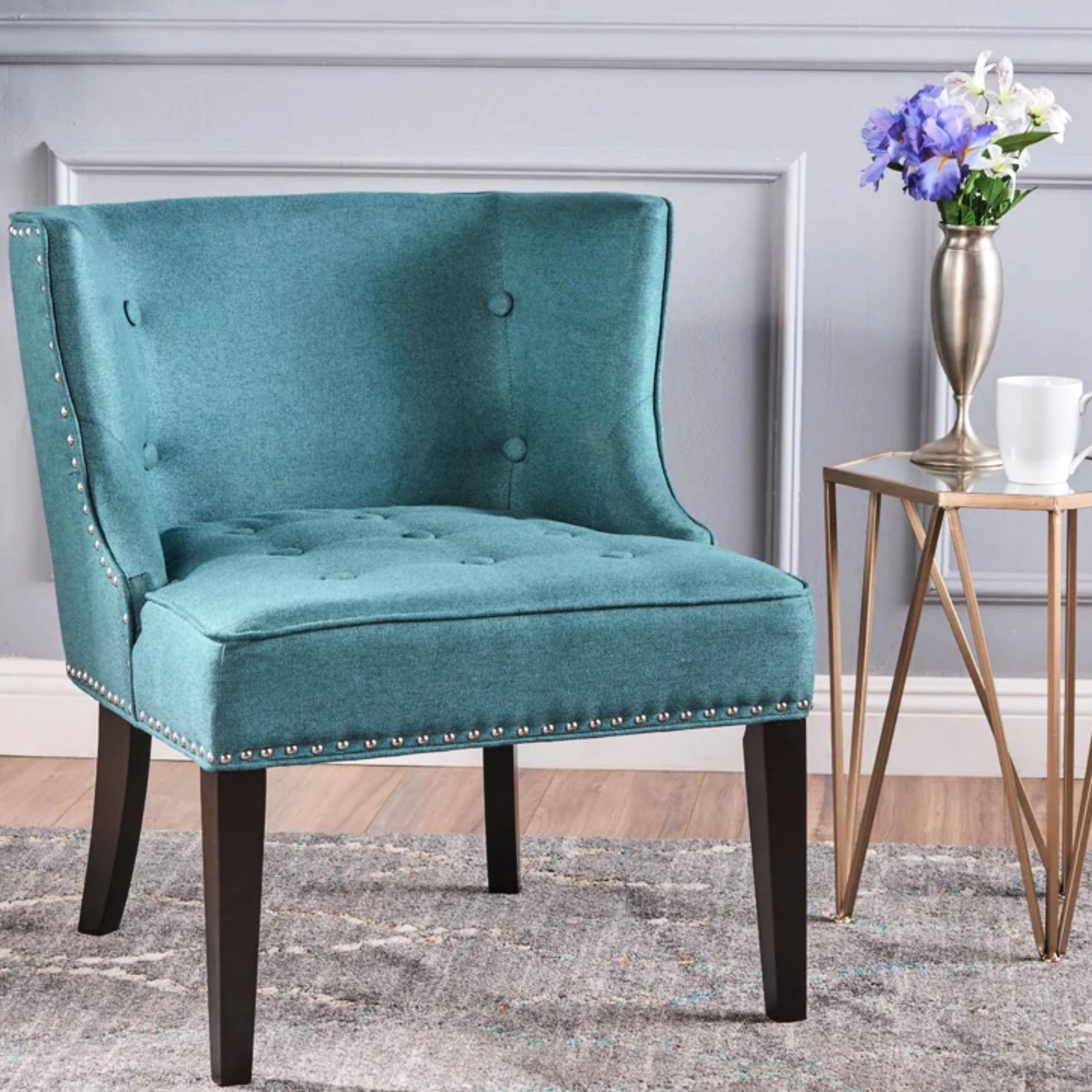 Contemporary Dark Teal Fabric Chair, Featuring Button- Waffle Stitch ...