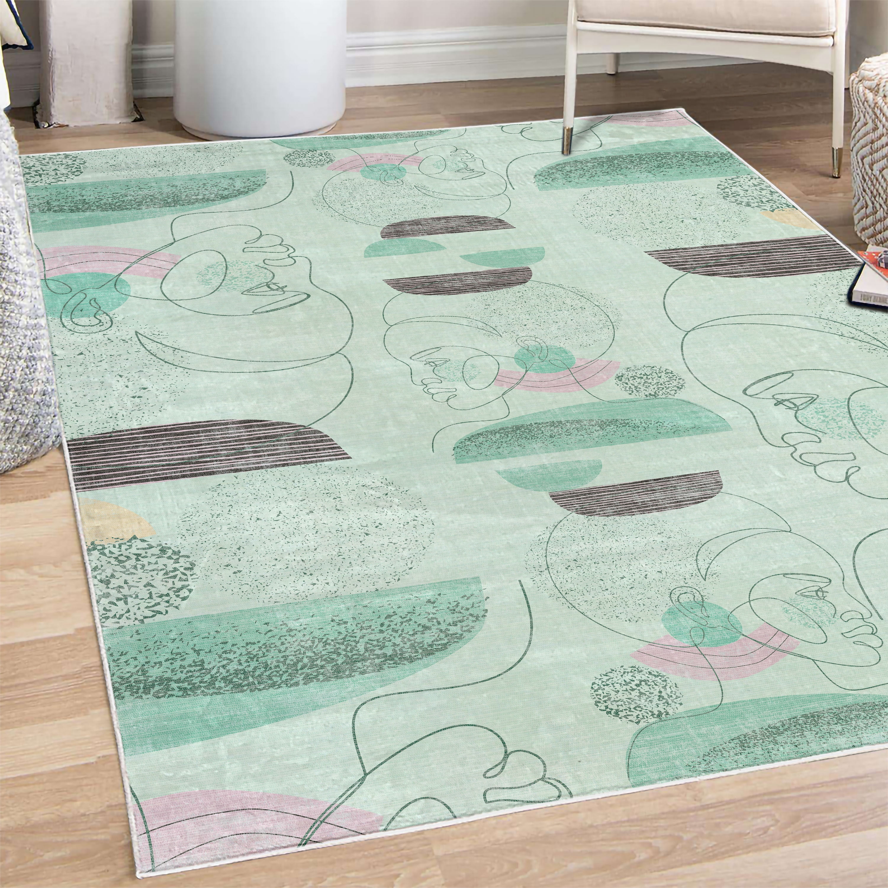 Contemporary Decorative Rug, Modern Style Abstract Minimal Line Art ...