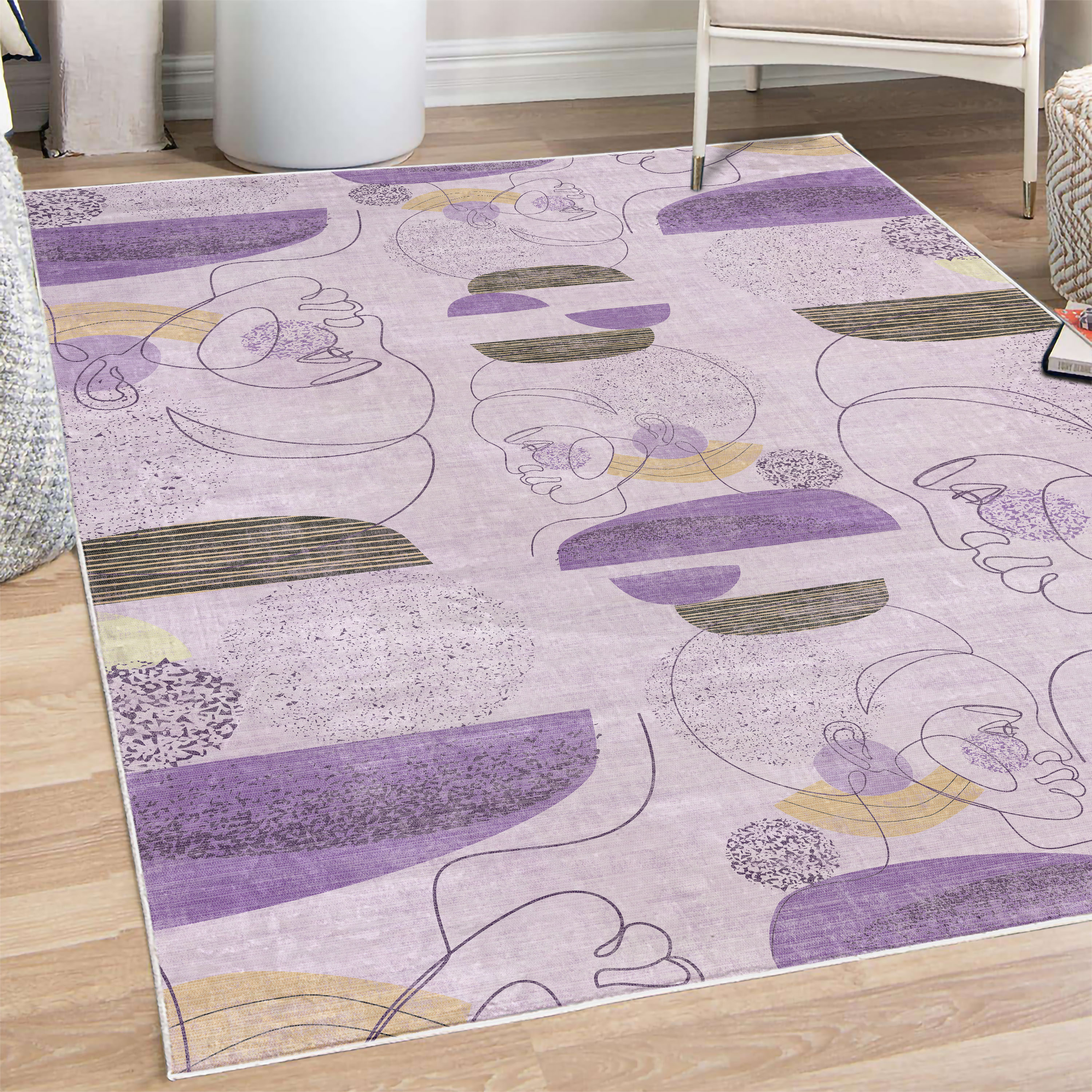 Contemporary Decorative Rug, Modern Style Abstract Minimal Line Art ...