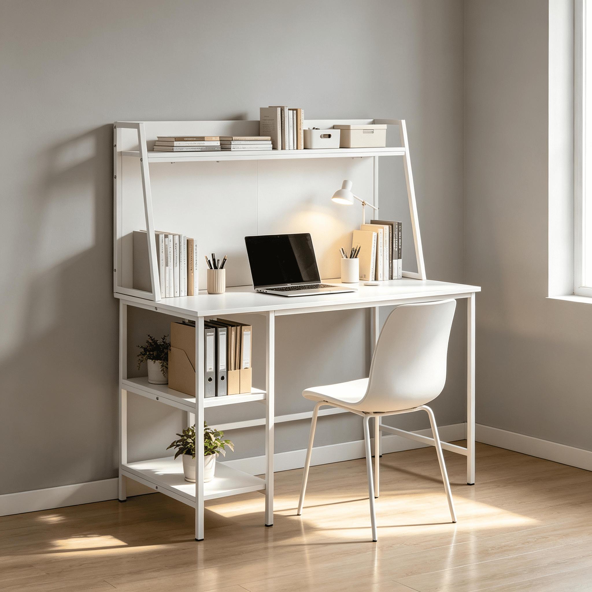 Contemporary Desk with Shelves, Wood Top and Steel Frame, 47.25 in Wide ...