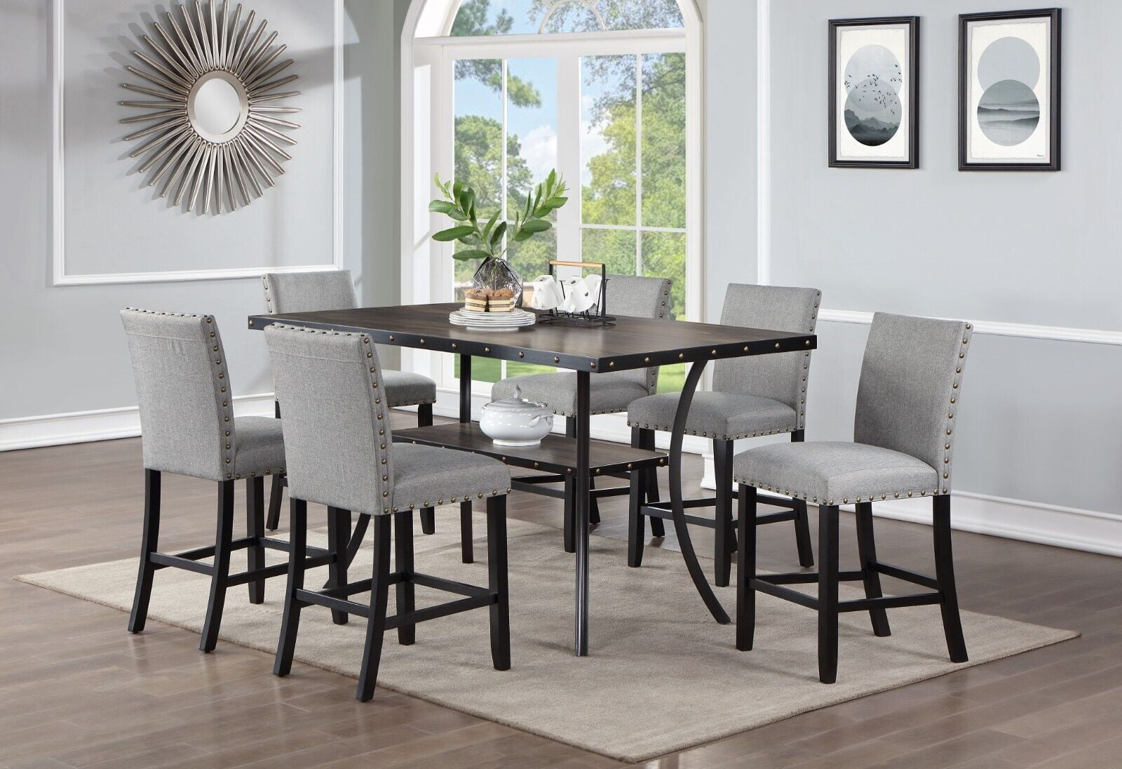 Contemporary Dining Room Furniture 7pc Set Rectangle Counter Height ...