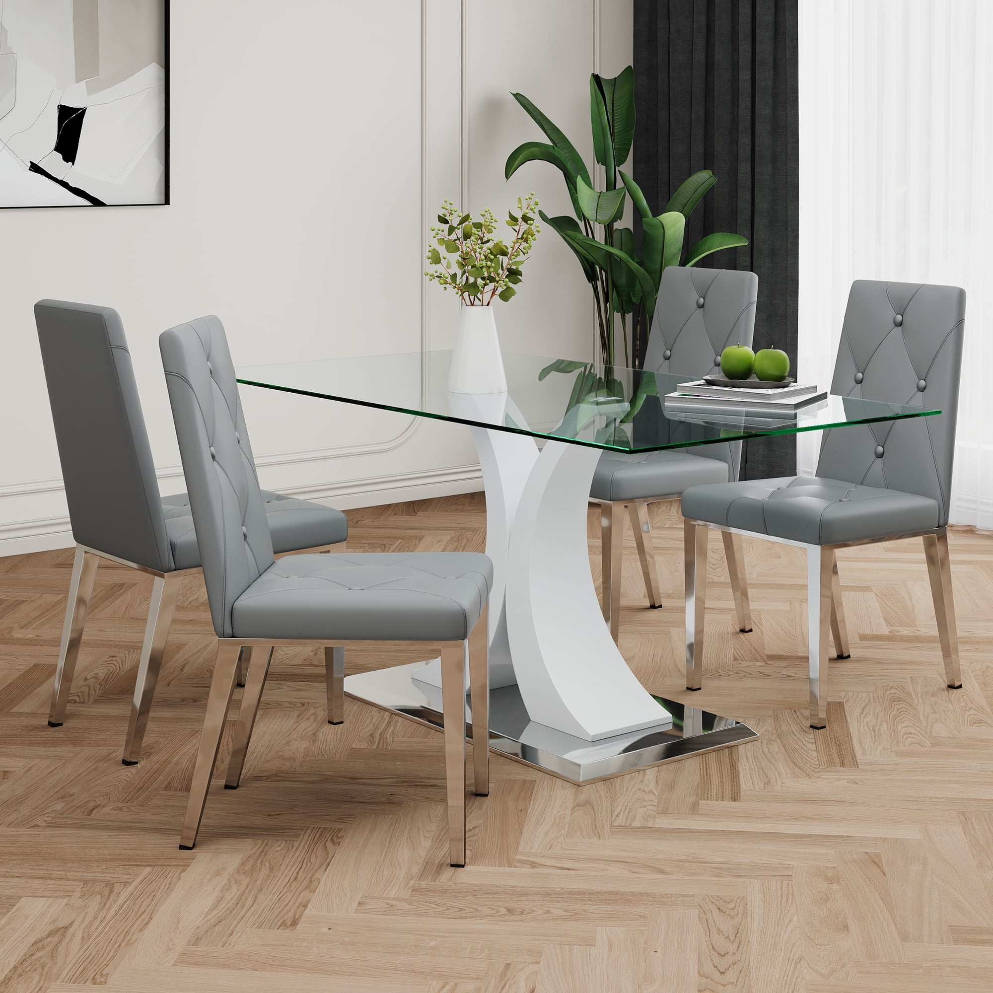 Contemporary Dining Set 5-Piece，Modern Style Glass Table, Elegant ...