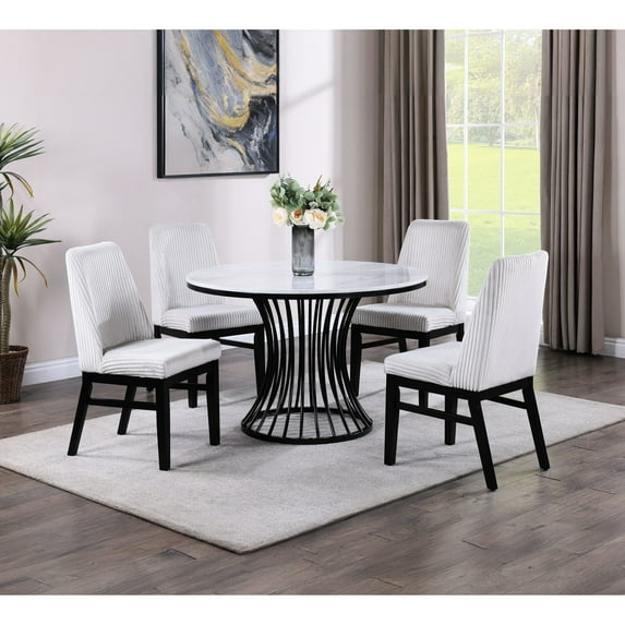 Contemporary Dining Set with Round Faux Marble Table and Black-Finished ...
