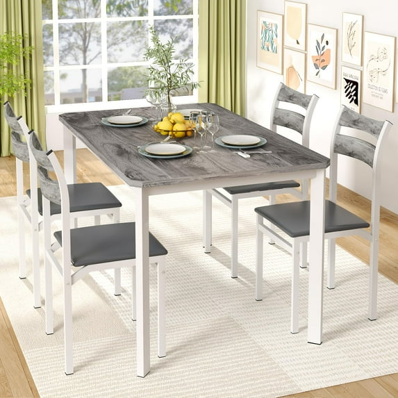 Contemporary Dining Table Set for 4, 43.3" Wooden Table with PU Leather ...