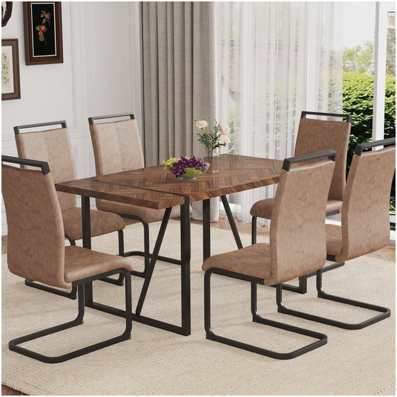 Contemporary Dining Table and 6 Chairs Set, Brown Wood Grain Fishbone ...