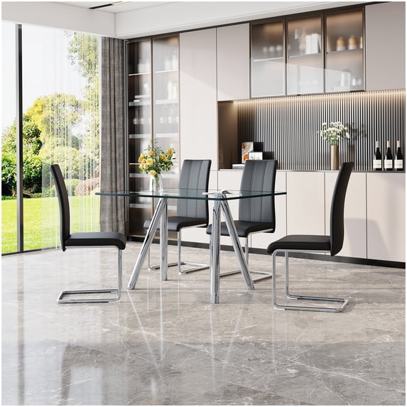 Contemporary Dining Table and Chair Set for 4, Tempered Glass Top Table ...