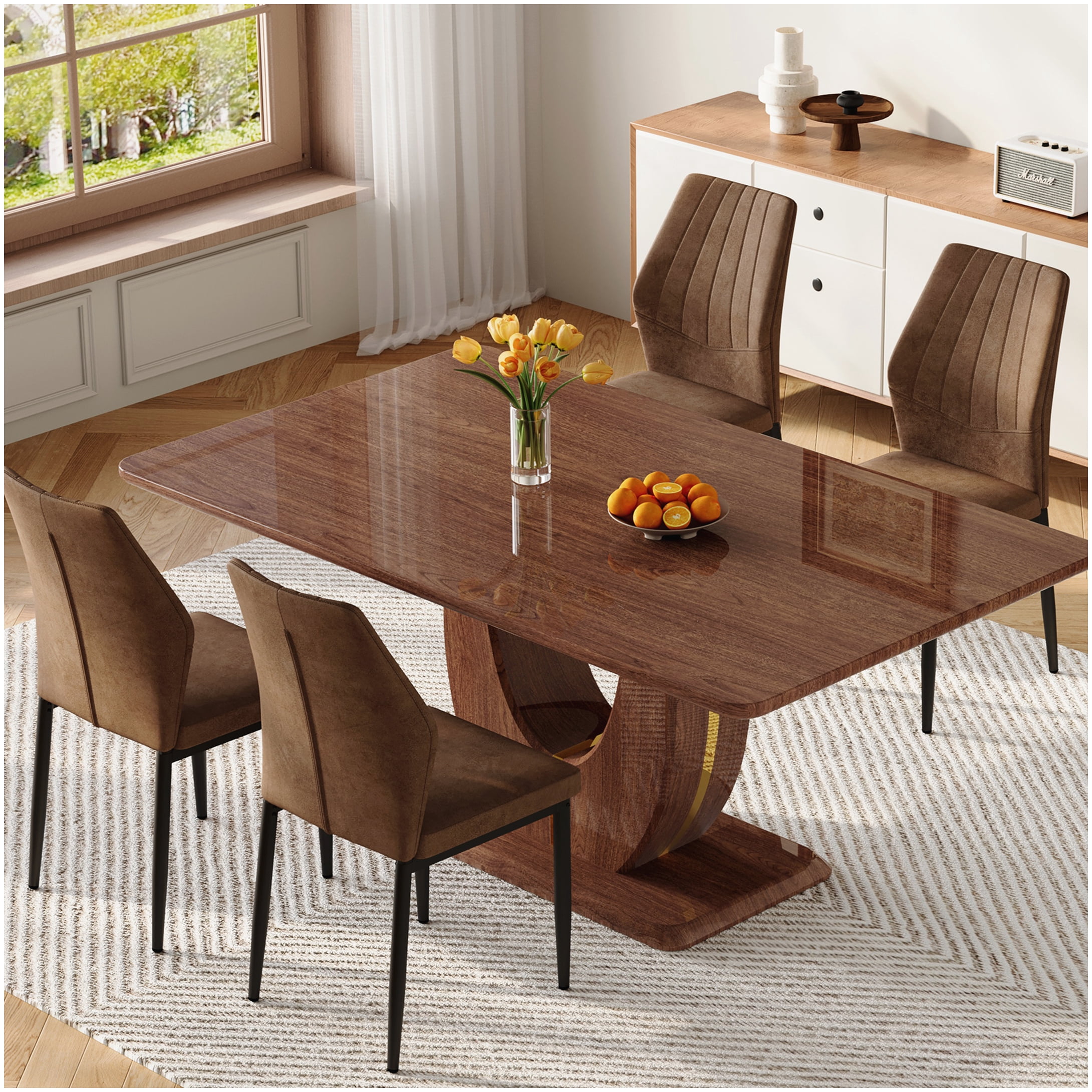Contemporary Dining Table and Chairs Set for 4, Dark Wood Texture Top ...