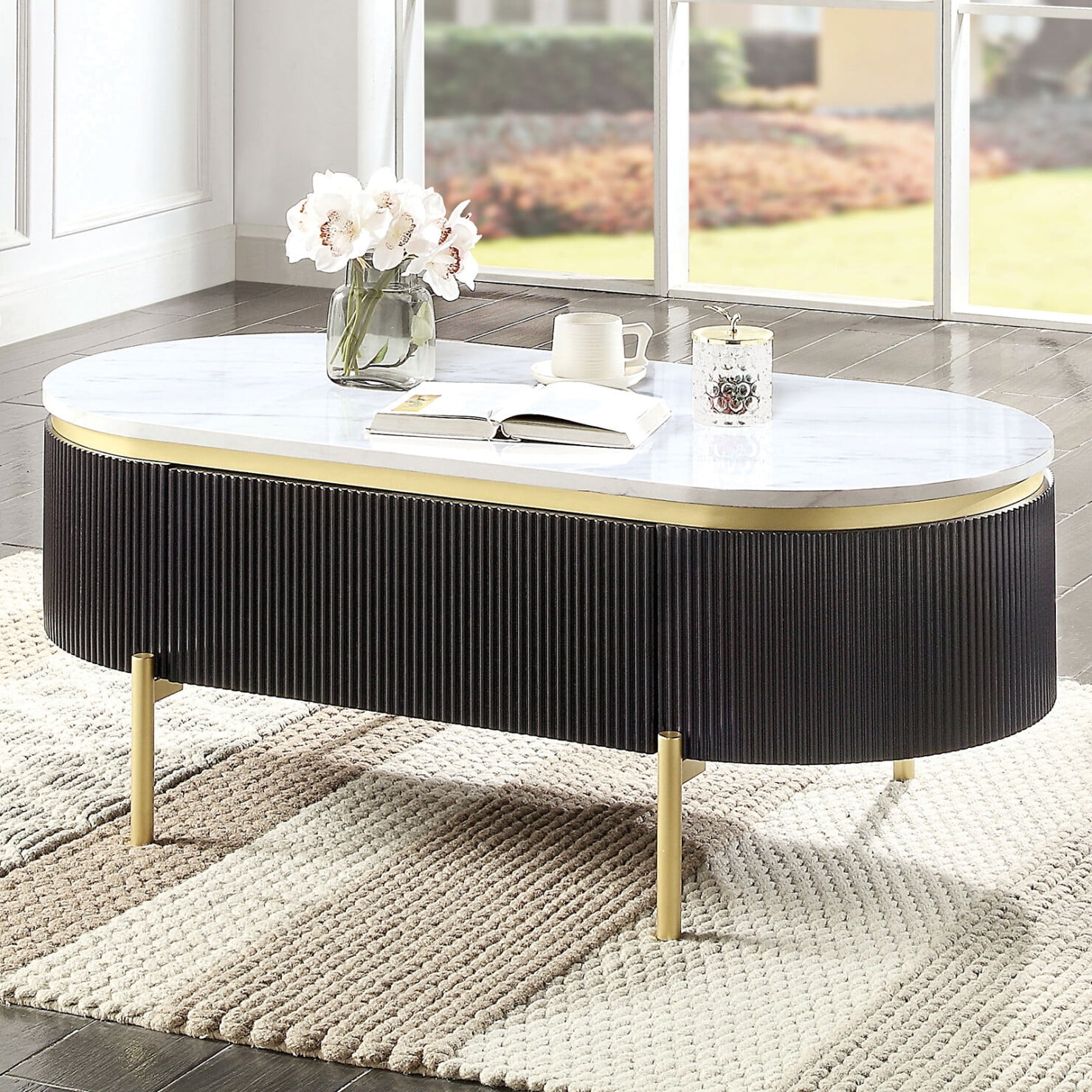 Contemporary End Table with White Faux Marble Top, Gold Steel Legs ...