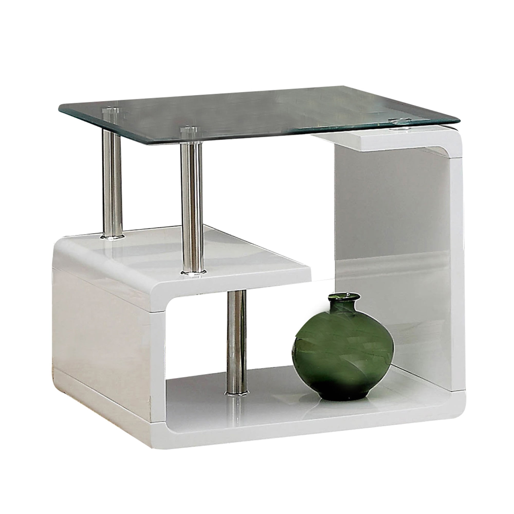 Contemporary End Table with Multi Level Curled Open Shelf, White ...