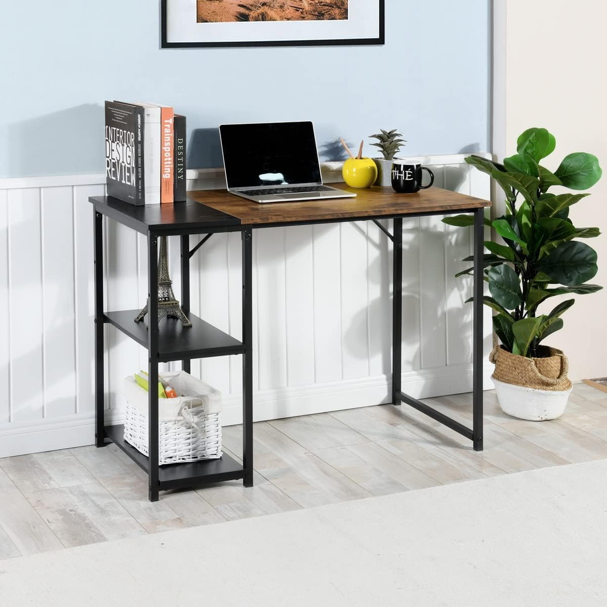 Contemporary Ergonomic Wood Compact Desk with Two Storage Shelves ...