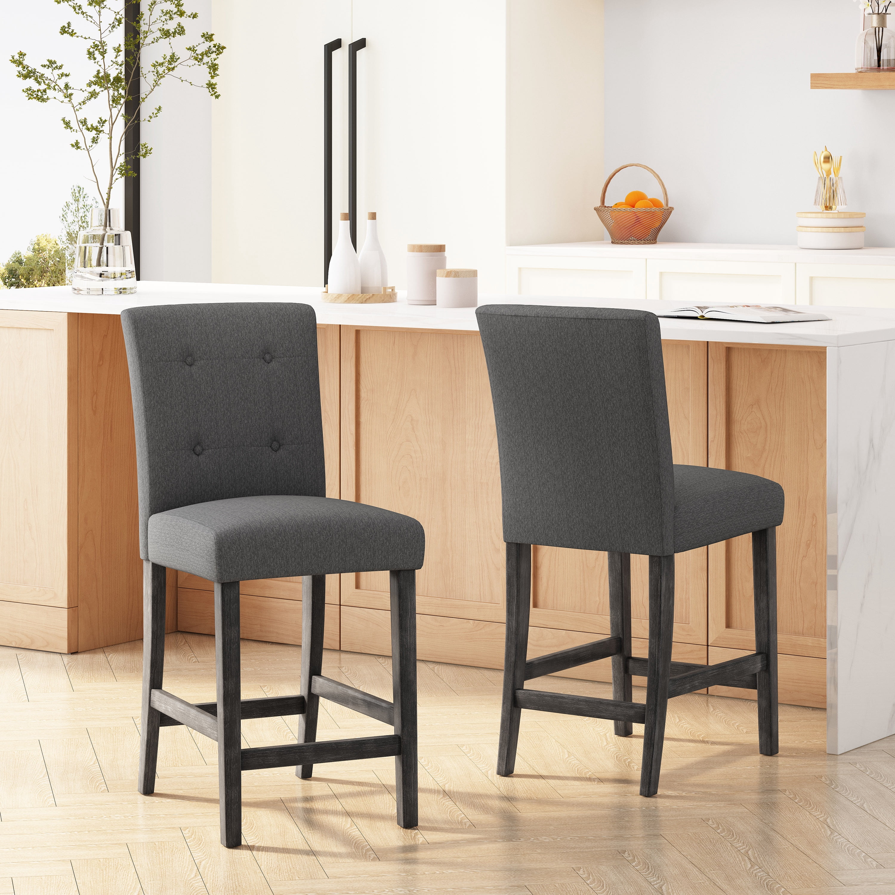 Contemporary Fabric Button Tufted Counter Stools Set of 2 Charcoal ...