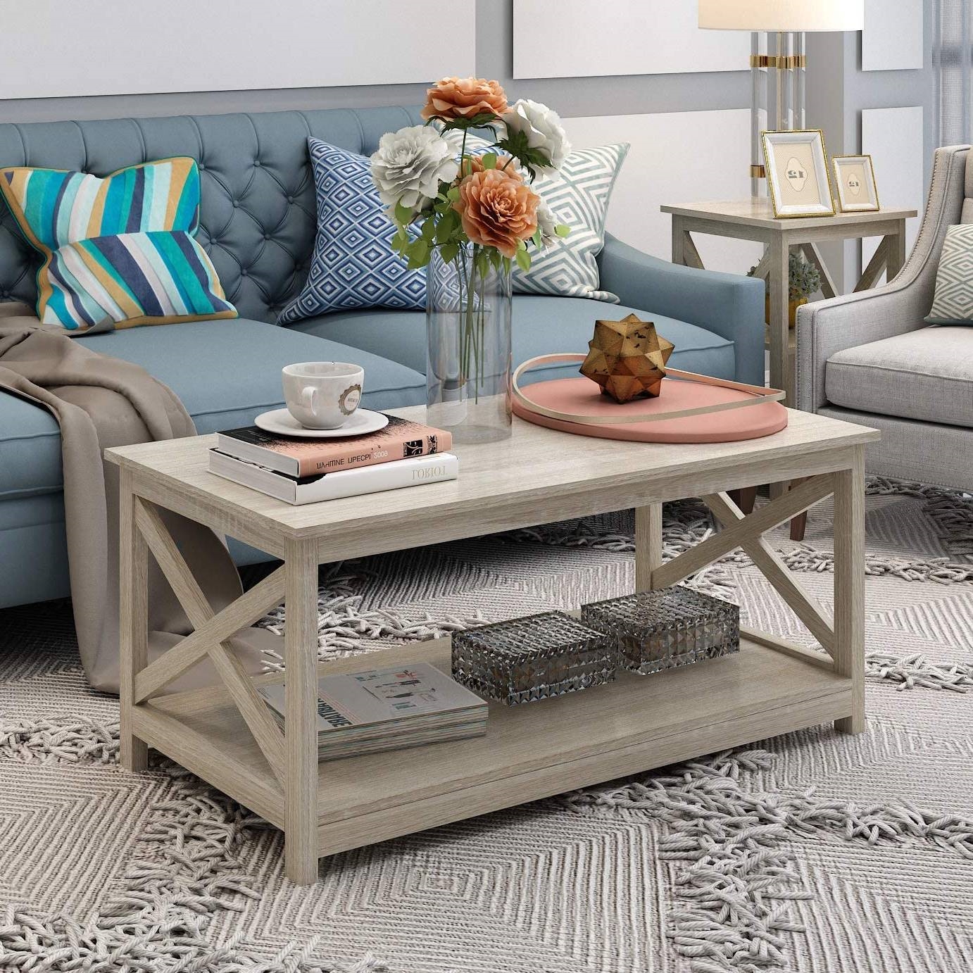 Contemporary Farmhouse Coffee Table in Rustic White Oak Wood Finish ...