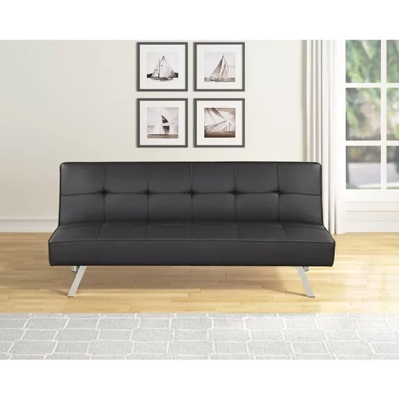 Contemporary Faux Leather Tufted Futon Sofa Bed with Chrome Metal Legs ...