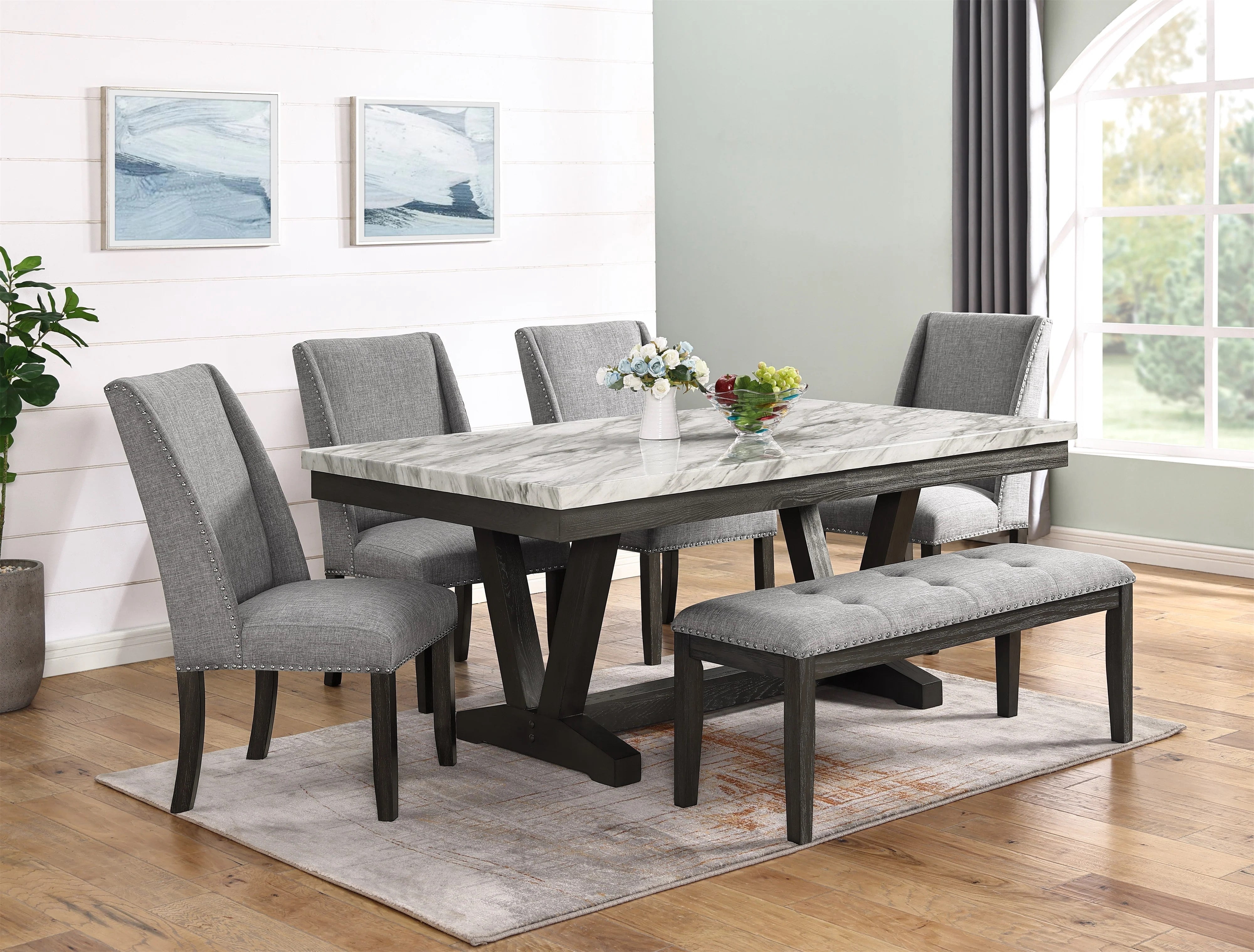 Contemporary Faux Marble Table Dining Set 6pc Gray Upholstered Bench ...