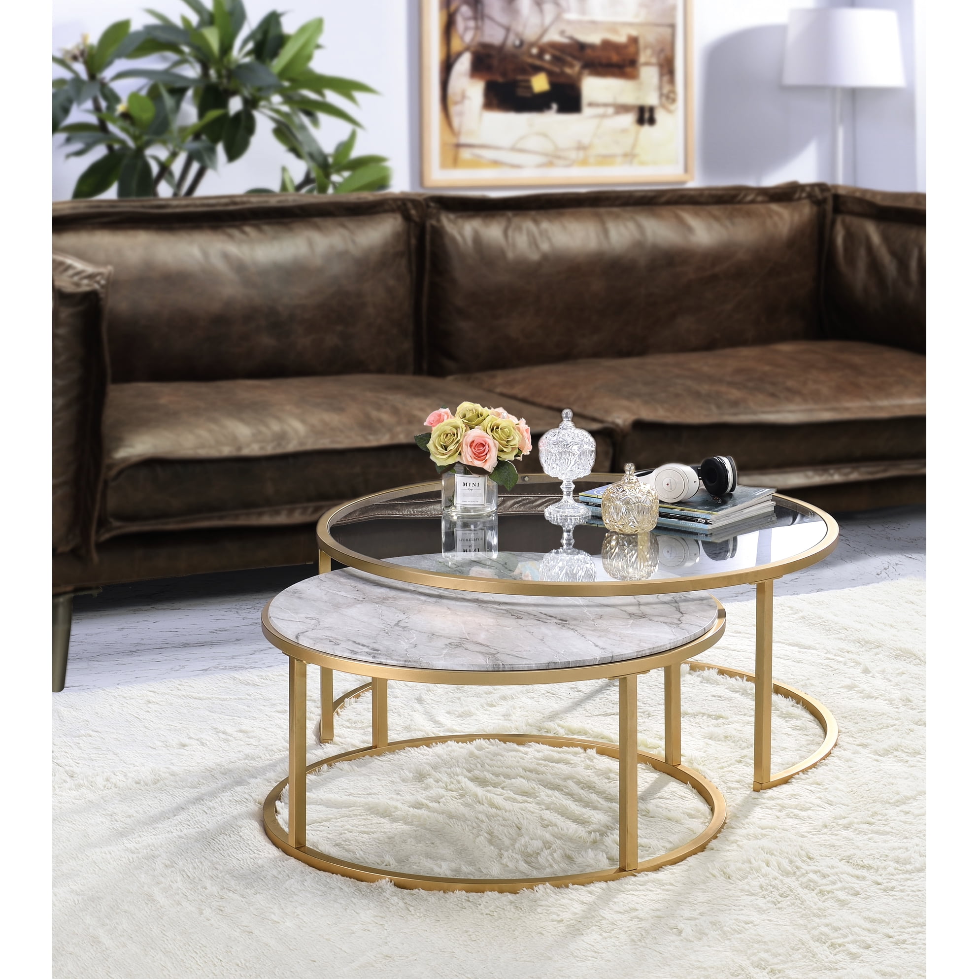 Contemporary Faux Stone Table - Gold Metal Nesting Airy Tables With ...
