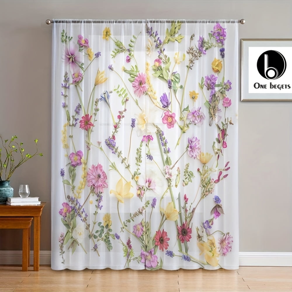 Contemporary Floral Sheer Curtains 2 Panels UV-Resistant Unlined ...