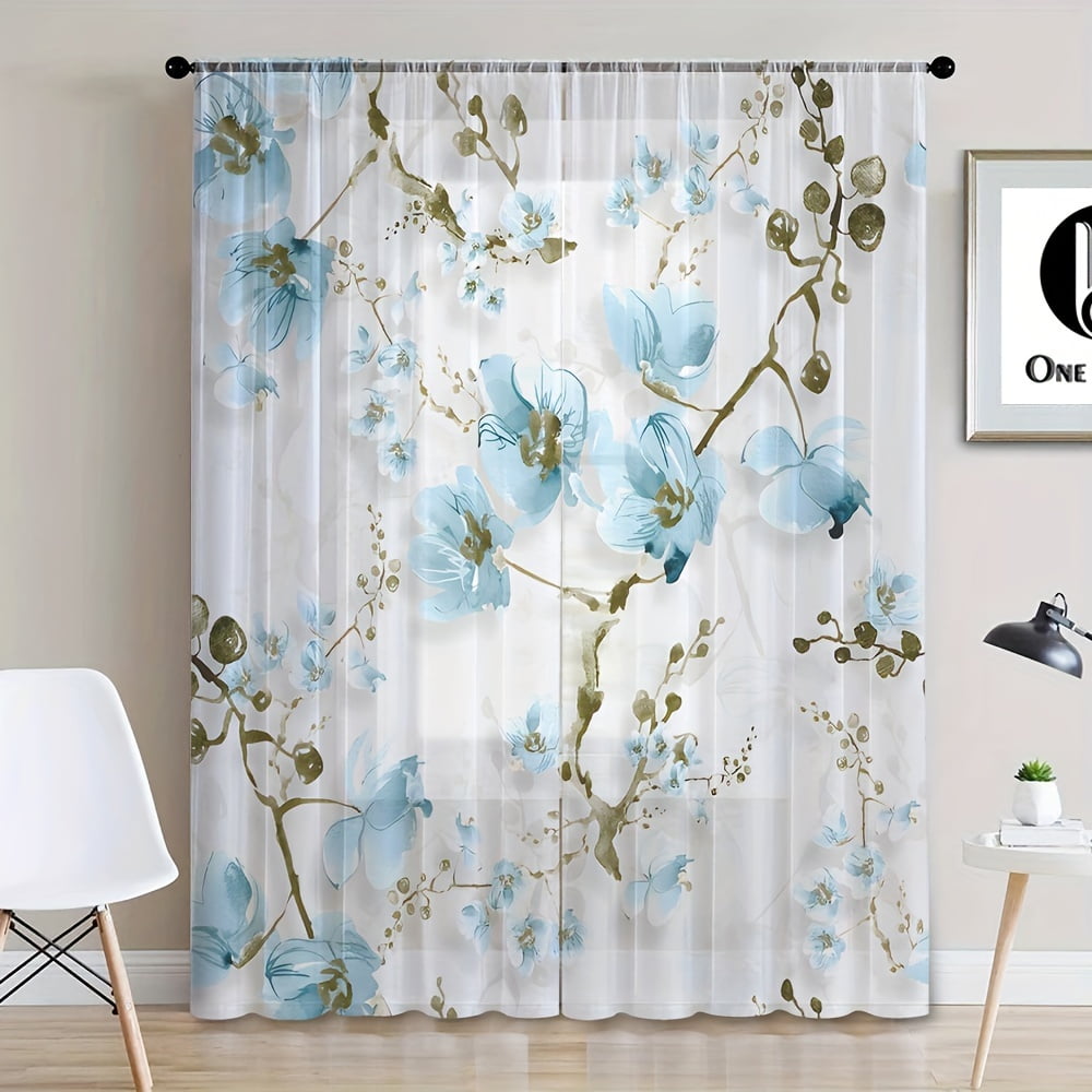 Contemporary Floral Sheer Curtains 2 Panels UV-Resistant Unlined ...