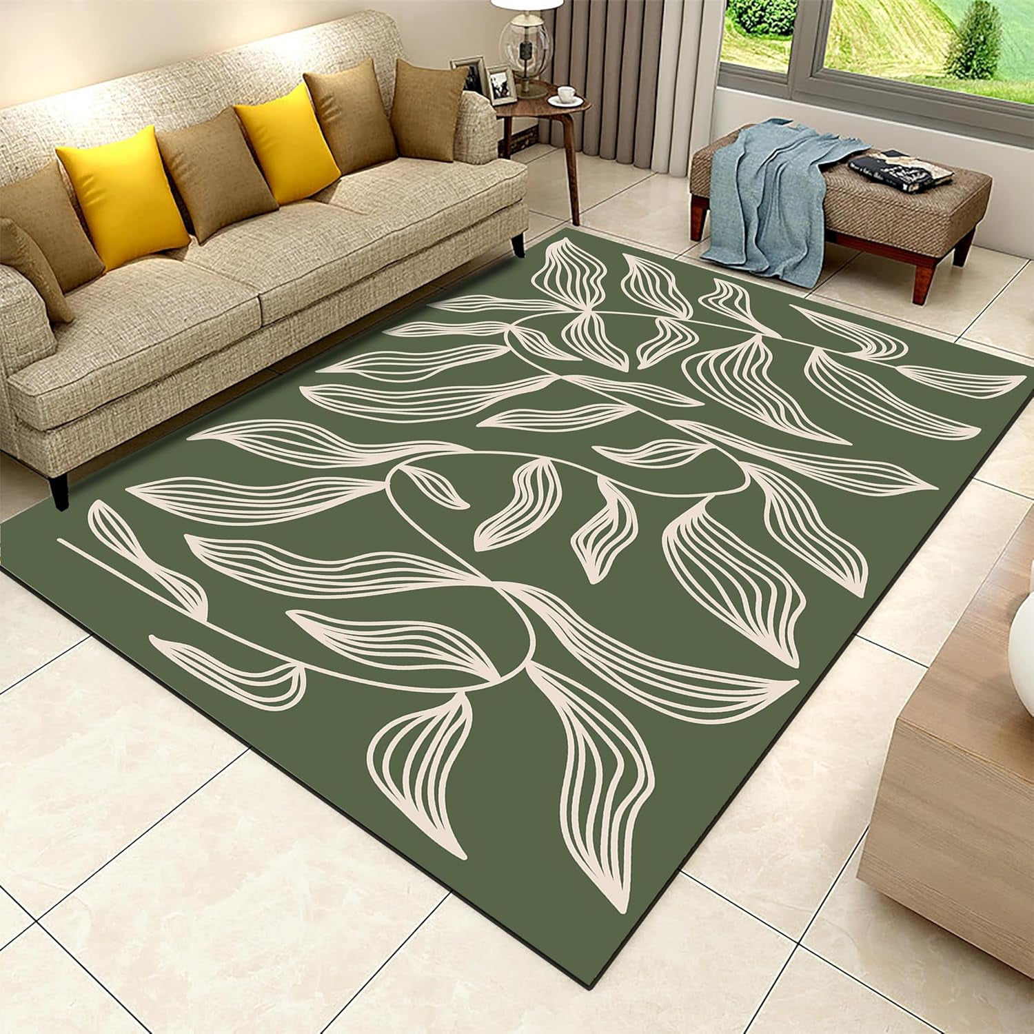 Contemporary Fresh Green Leaf Large Area Rug, Stylish Minimalist Leaf ...