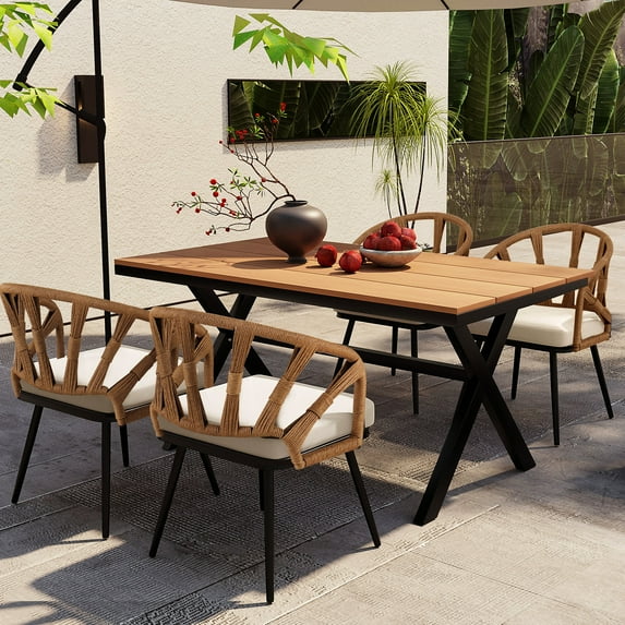Contemporary Garden Furniture Set with PE Rattan and Plastic Wood ...