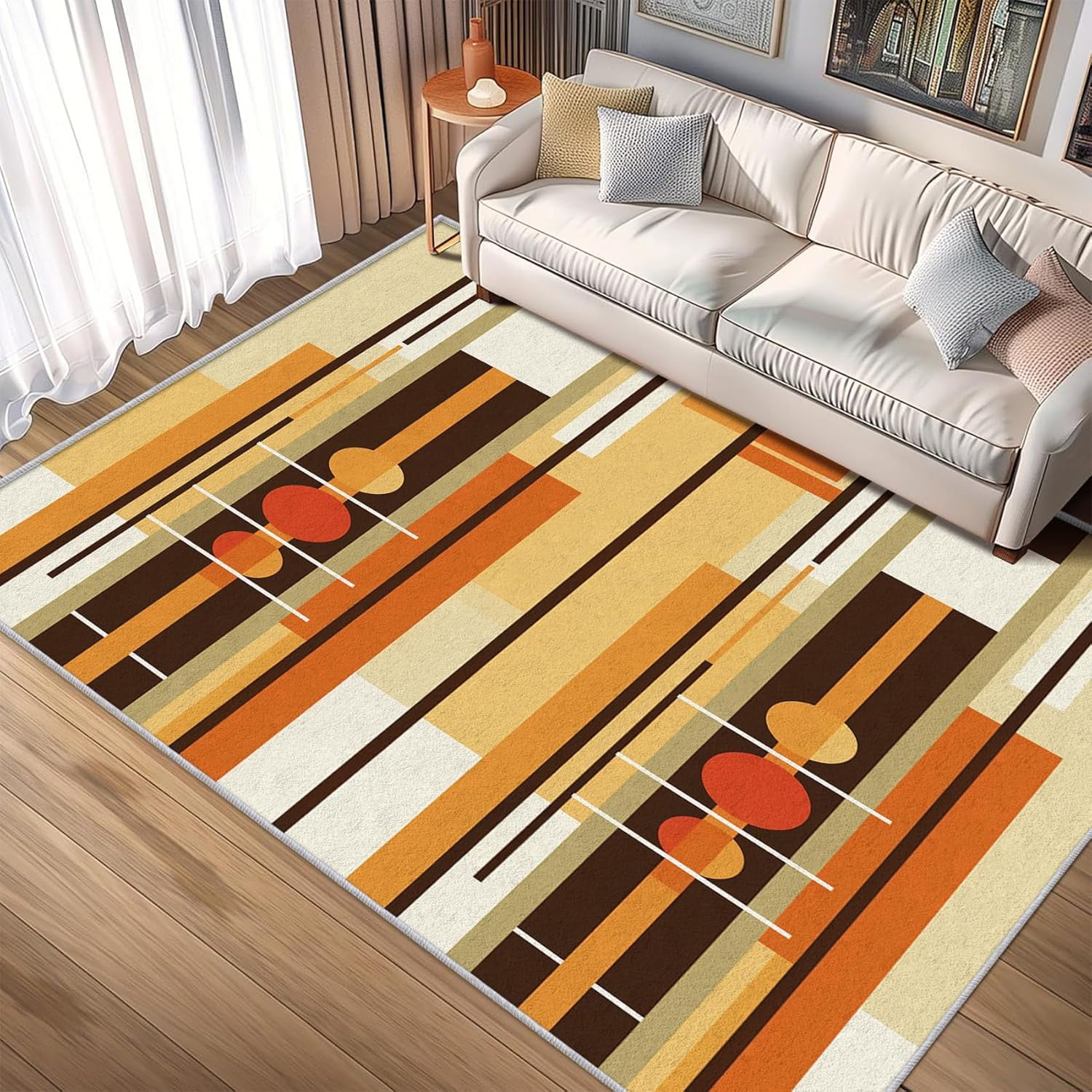 Contemporary Geometric Rug, Washable Retro Stripe Rugs For Living Room ...