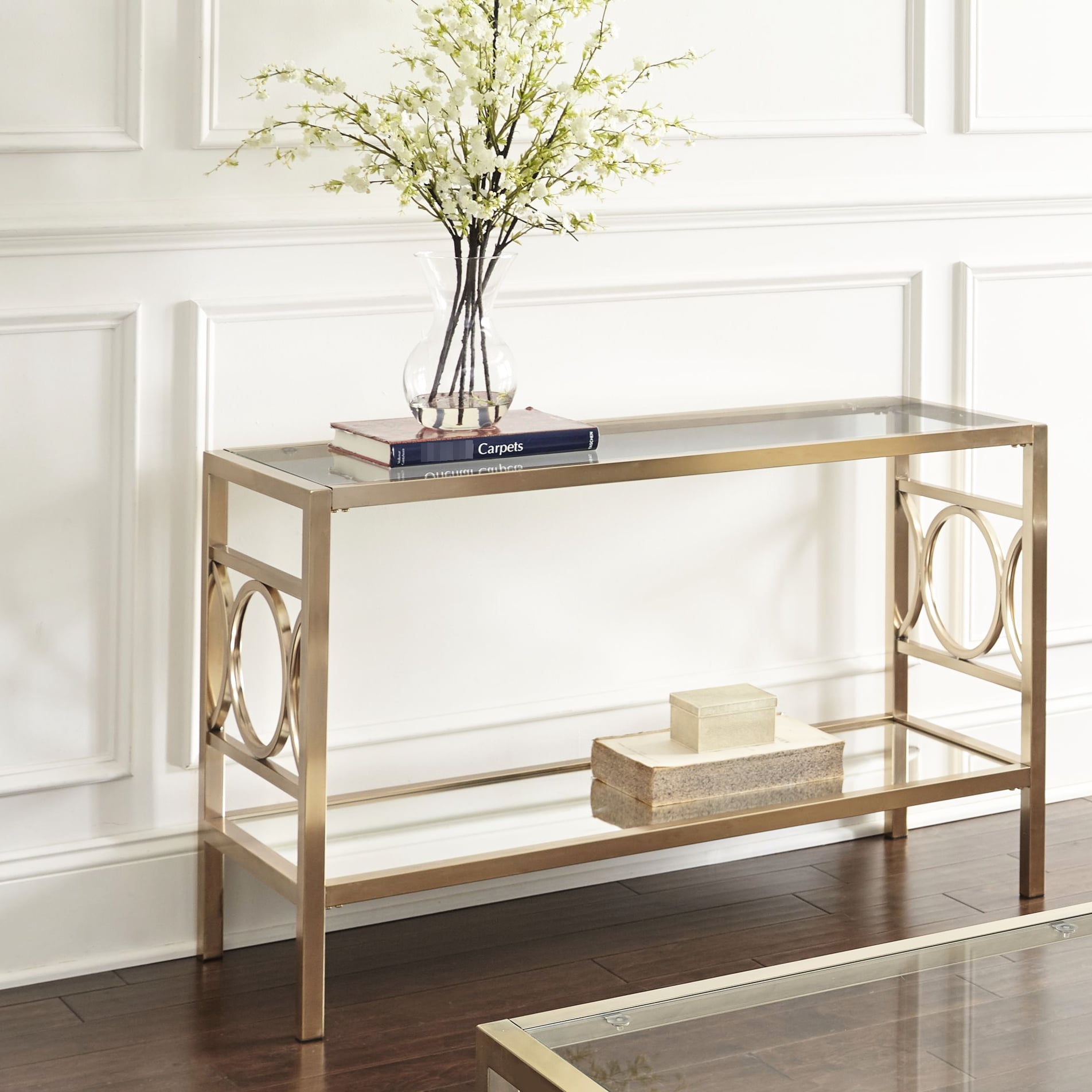 Contemporary Gold Table, Tempered Glass Top And Mirrored Shelf With ...