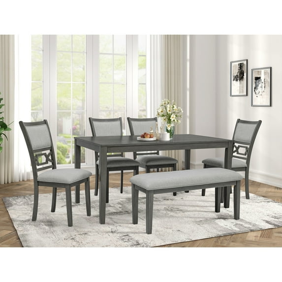 Contemporary Gray 6-Piece Dining Set: Round Table, Wood Chairs & Bench ...