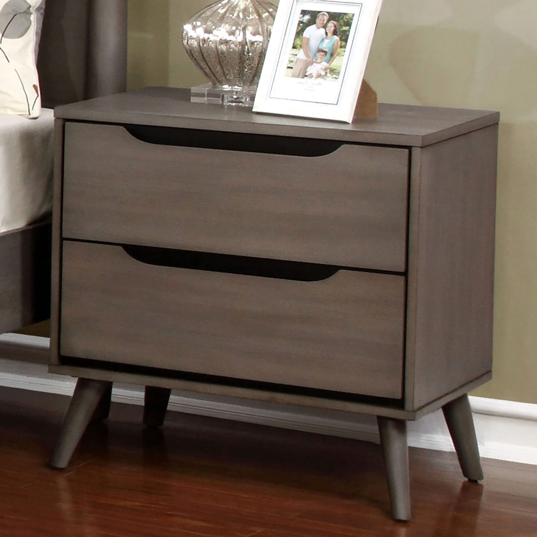 Contemporary Gray Bedside Cabinet | Round Tapered Legs and 2 Drawers ...