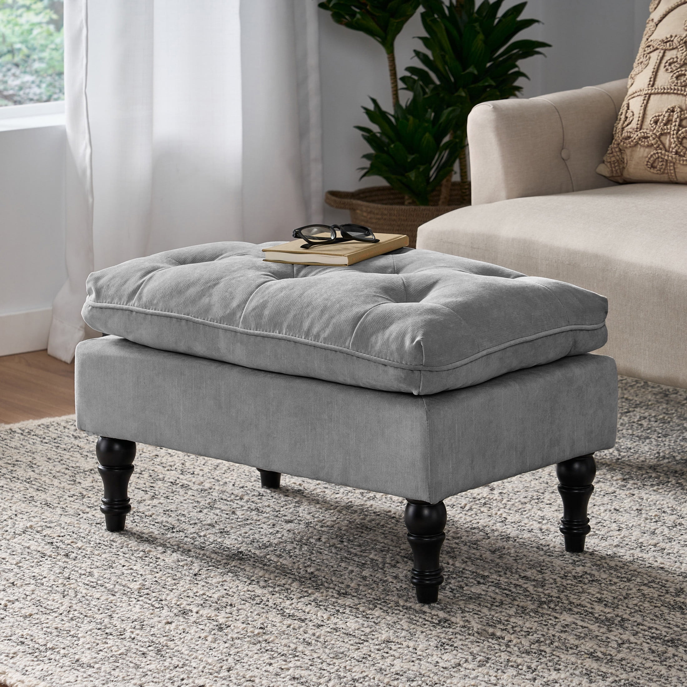 Contemporary Gray Button-Tufted Ottoman with Plush Pillow Top & Turned ...