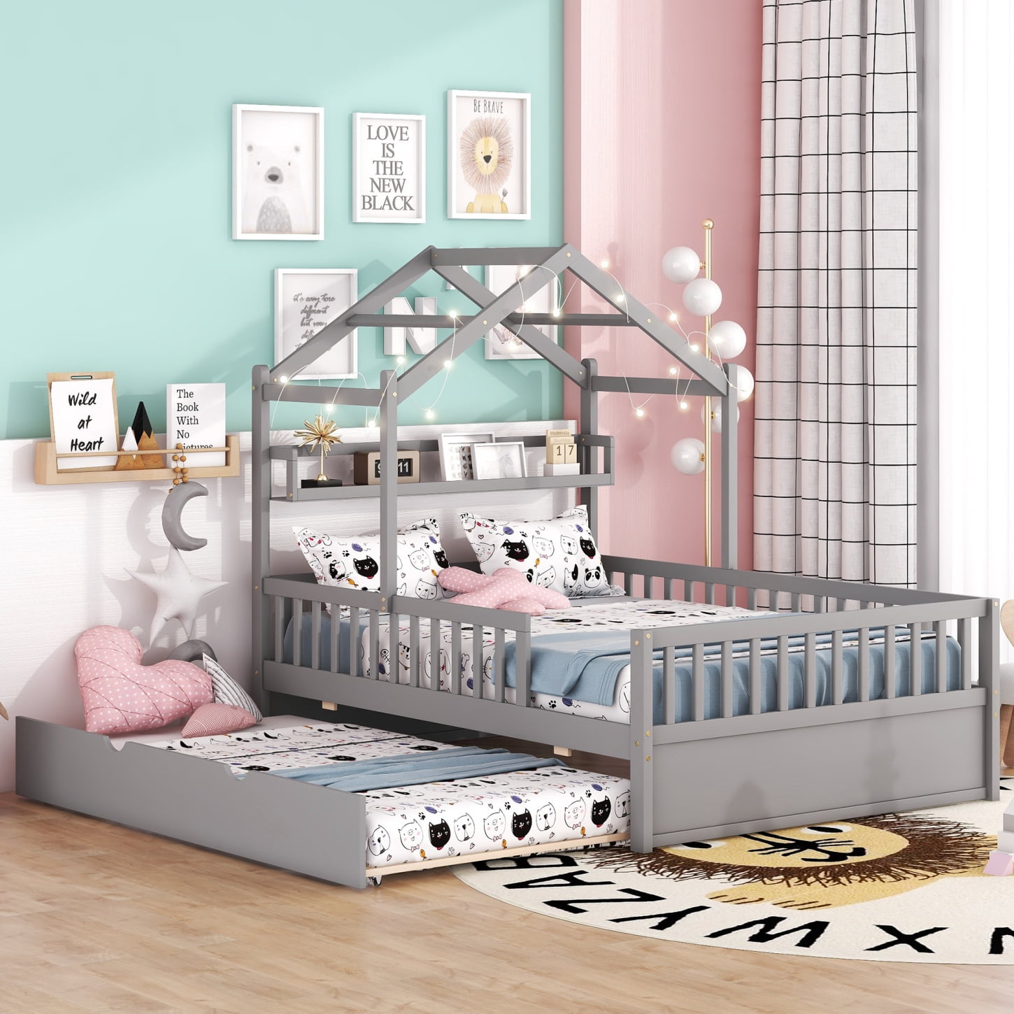 Contemporary Grey Full Size House Bed with Trundle, Kids Bed featuring ...
