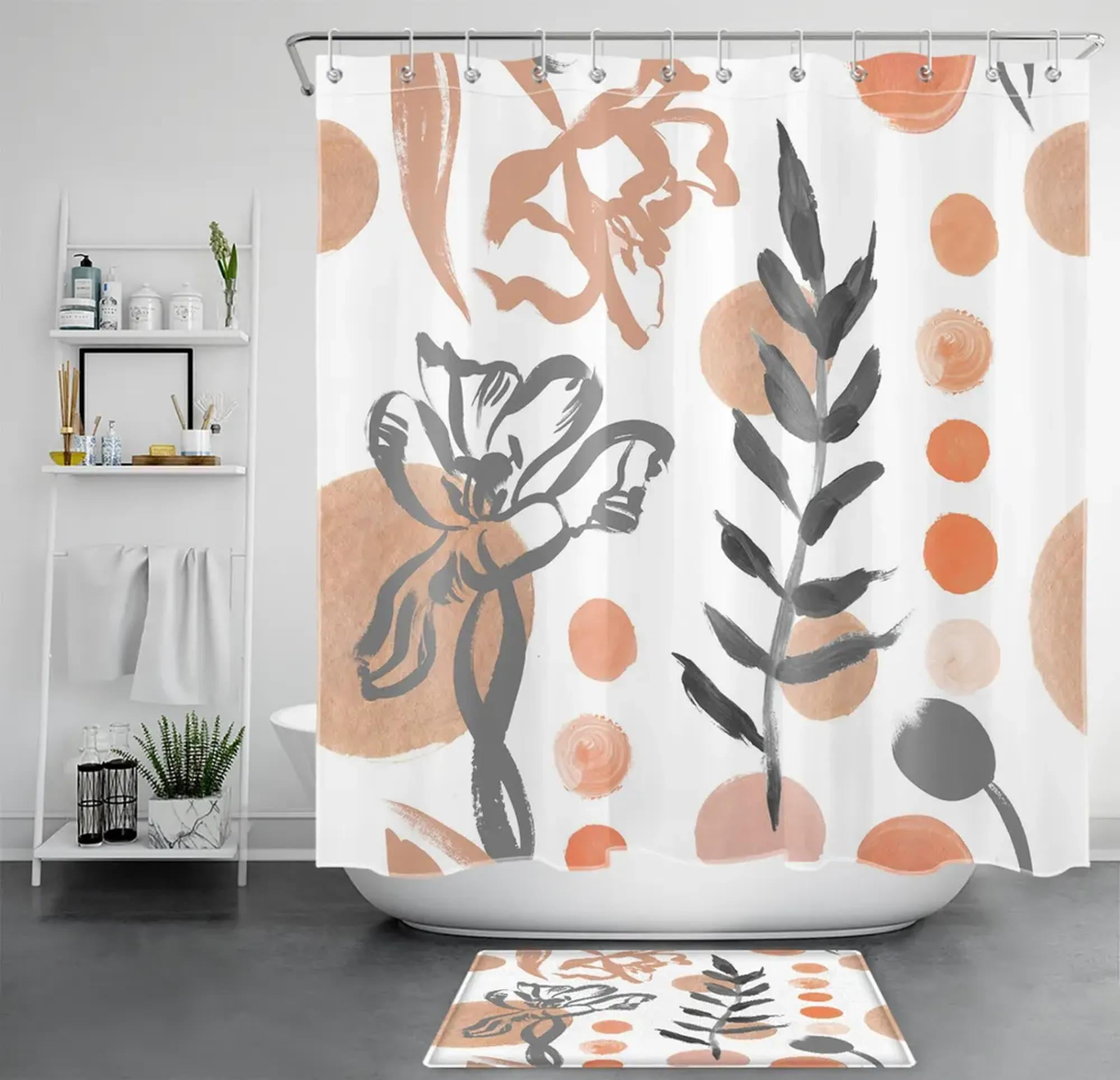 Contemporary Grey Leaf And Orange Floral Shower Curtain Set Elevate