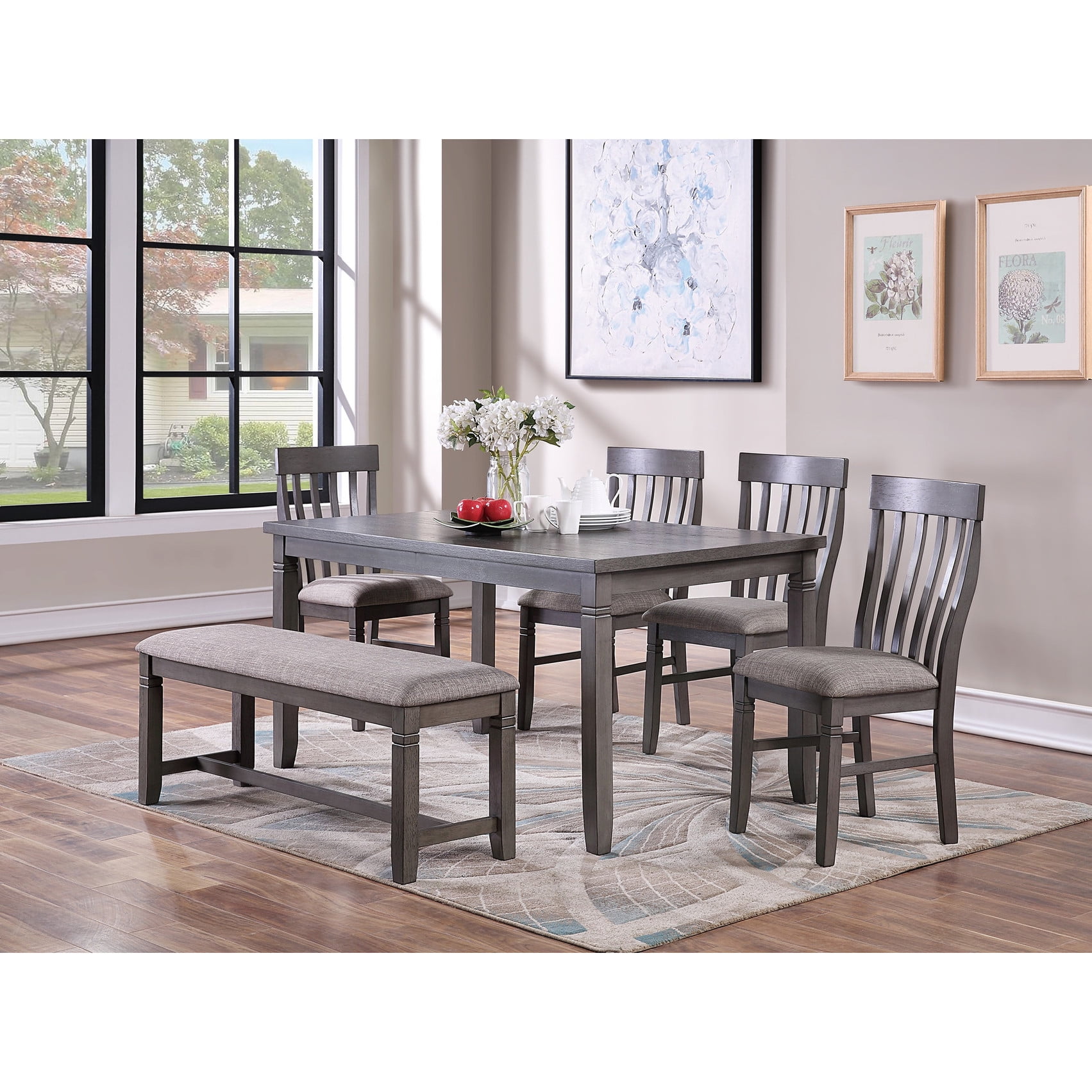 Contemporary Grey Solid Wood Dining Set with Table, Chairs and Bench ...