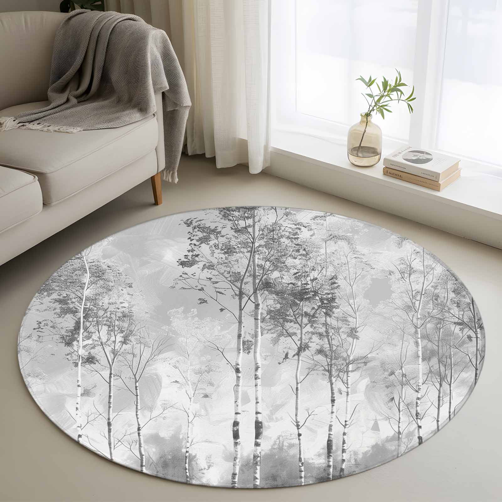 Contemporary Grey Tree Round Area Rug 4 FT, Non Slip Indoor Outdoor Rug ...