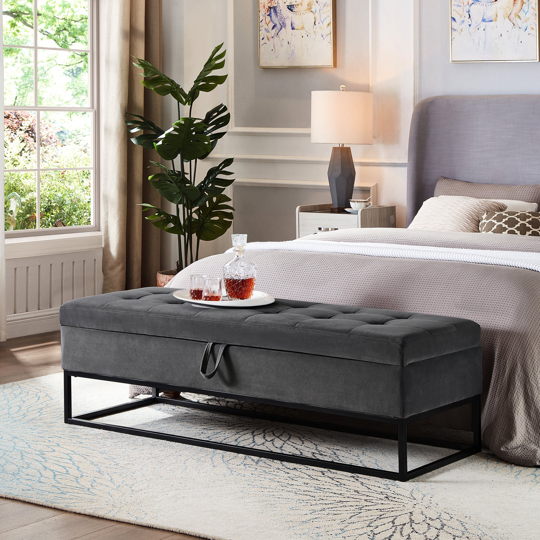 Contemporary Grey Velvet Footrest Bench With Metal Frame And Storage ...
