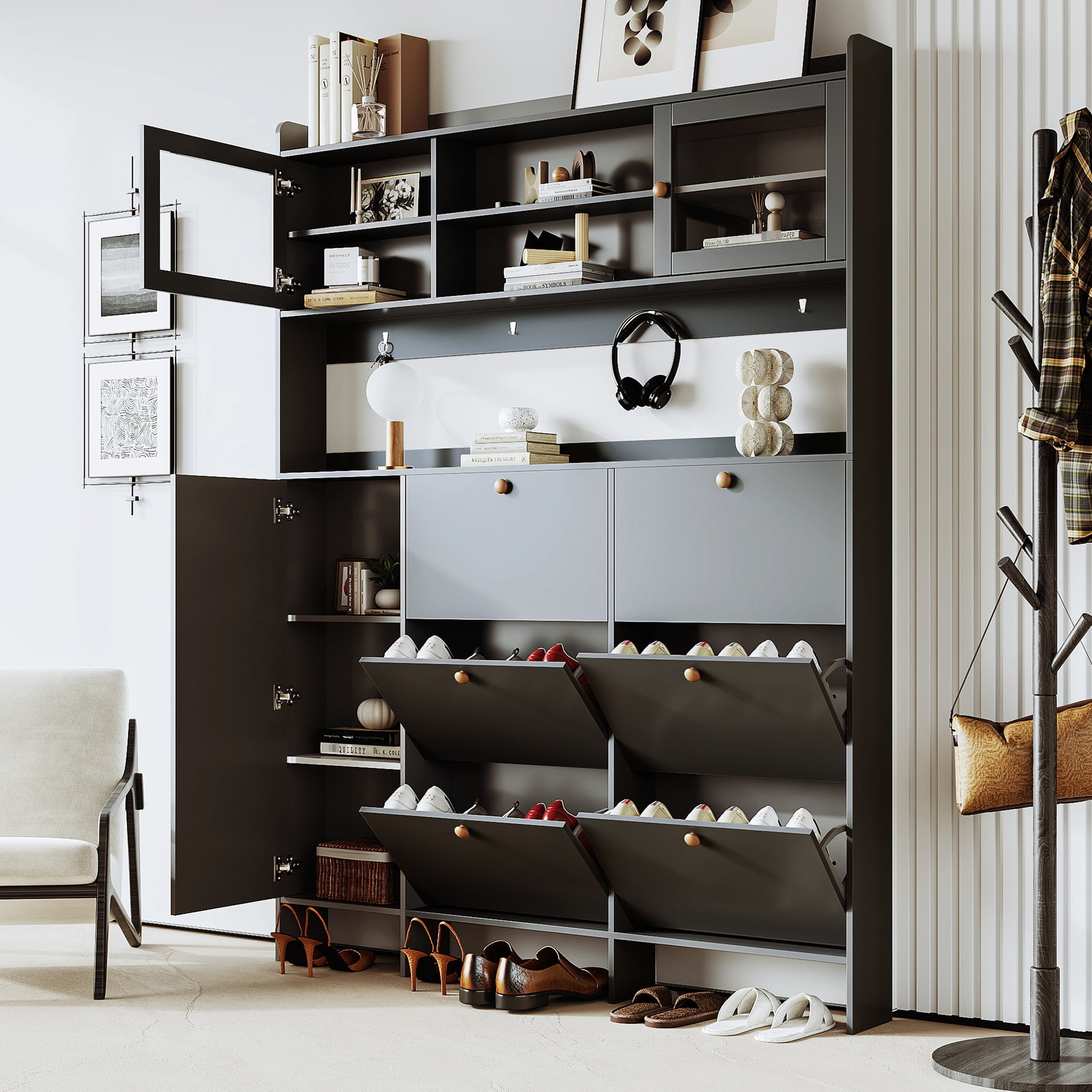 Contemporary Hall Tree Shoe Organizer | 3 Cabinets & 6 Drawers for ...