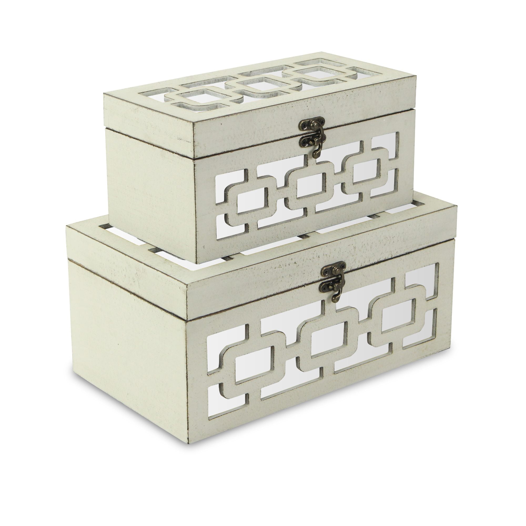 Contemporary Home Living Set of 2 White Lattice Pattern Storage Boxes ...