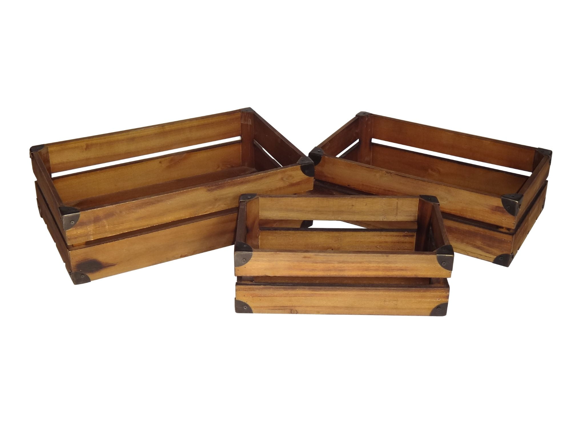 Contemporary Home Living Set of 3 Brown Hand Crafted Slatted ...