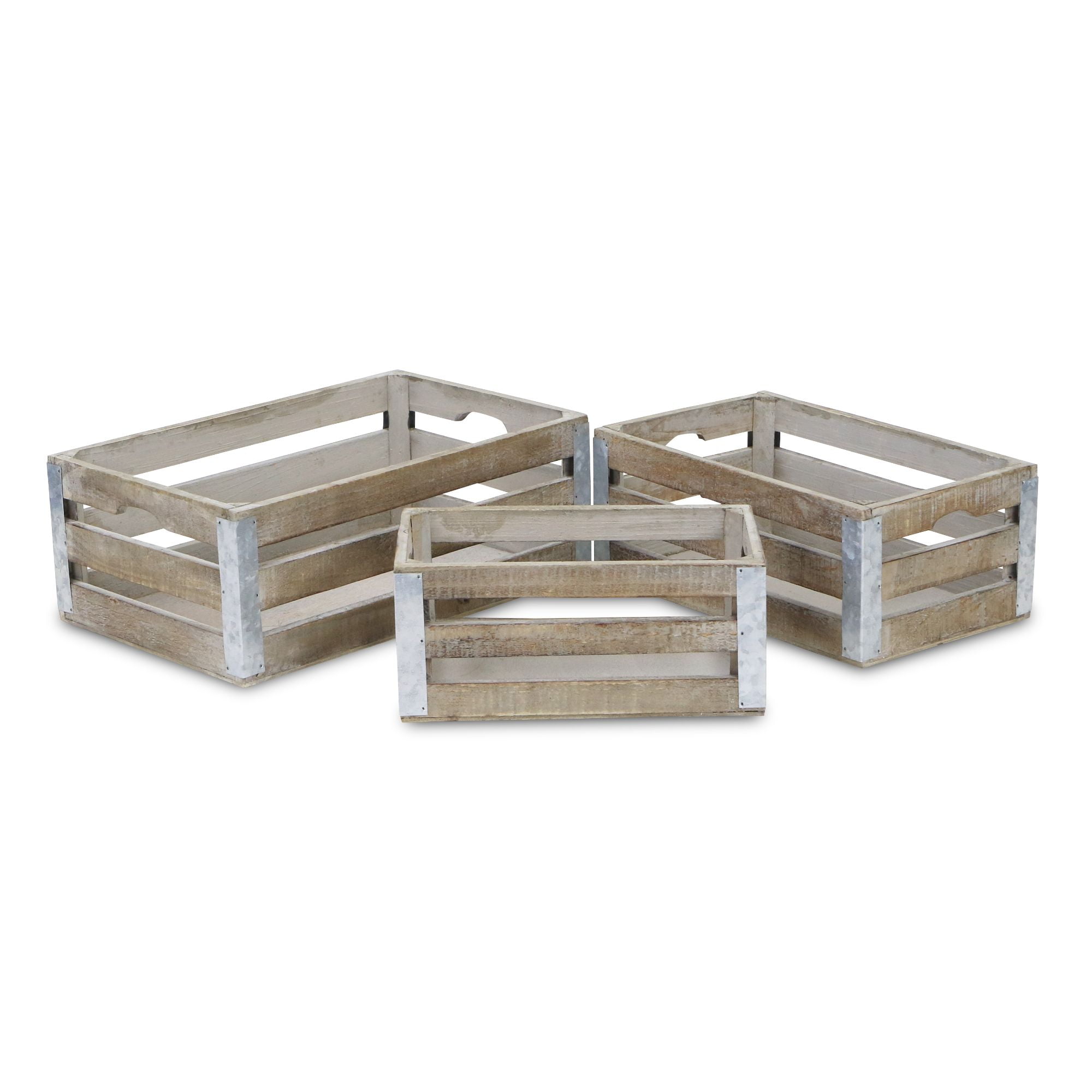 Contemporary Home Living Set of 3 Brown and Gray Slatted Handmade ...