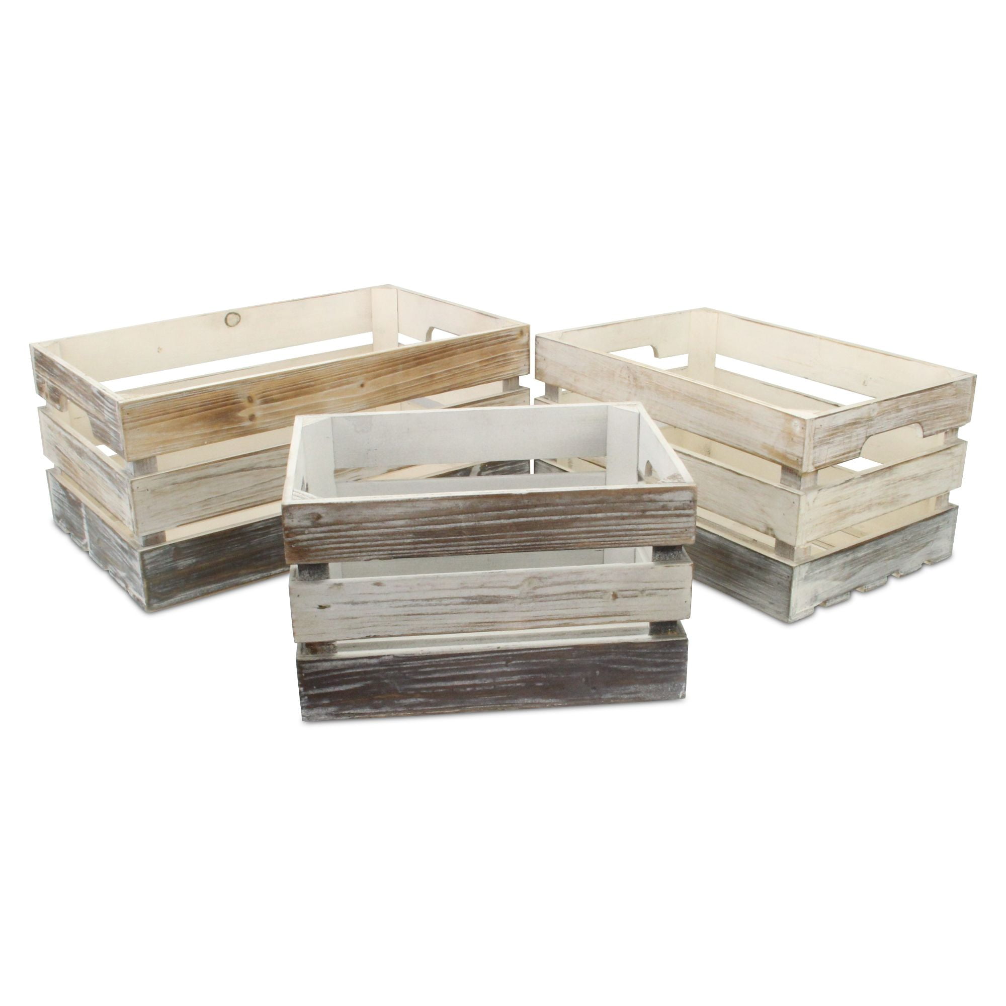 Contemporary Home Living Set of 3 Distressed Rectangular Slatted Crates ...