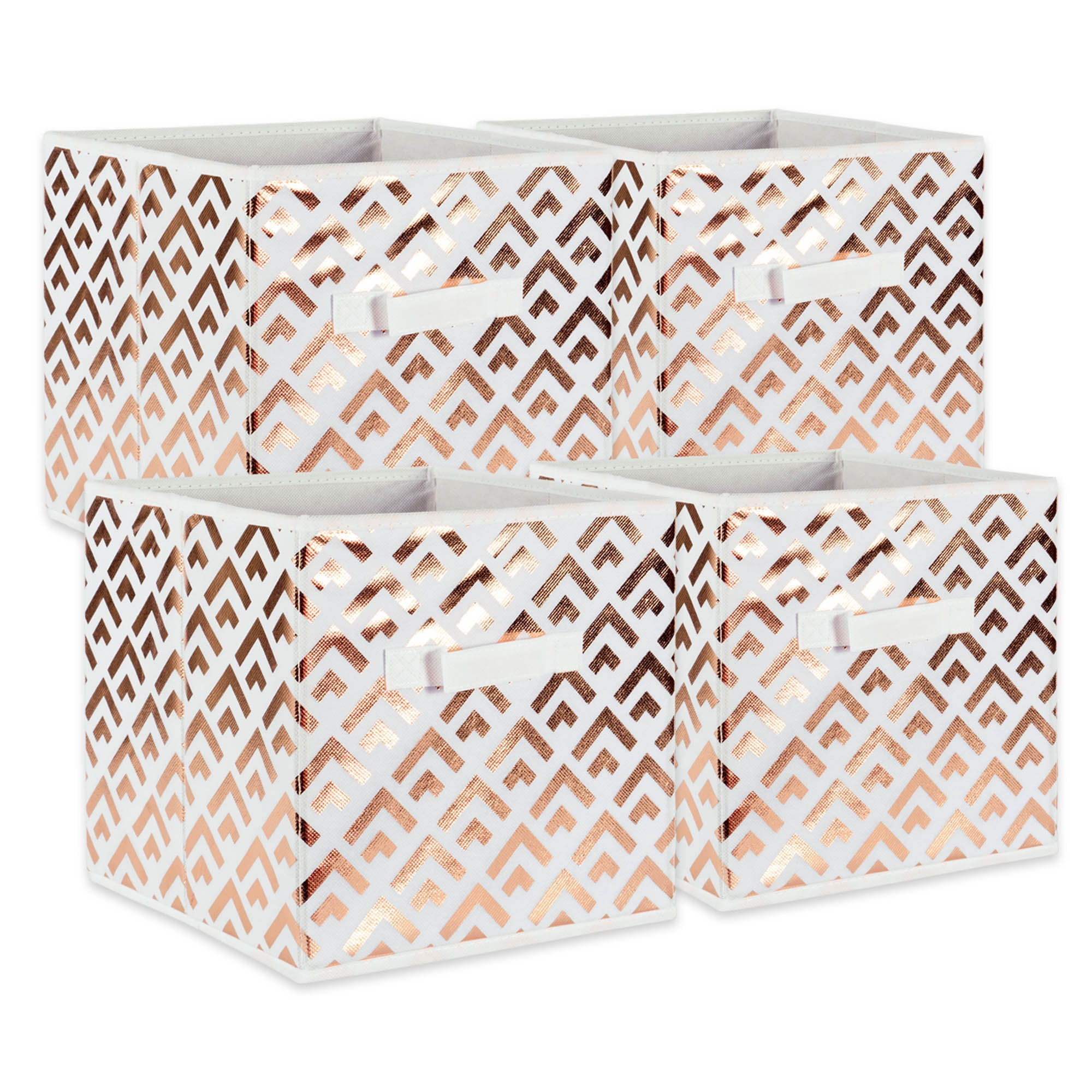 Contemporary Home Living Set of 4 Gold and White Square Fabric Storage ...