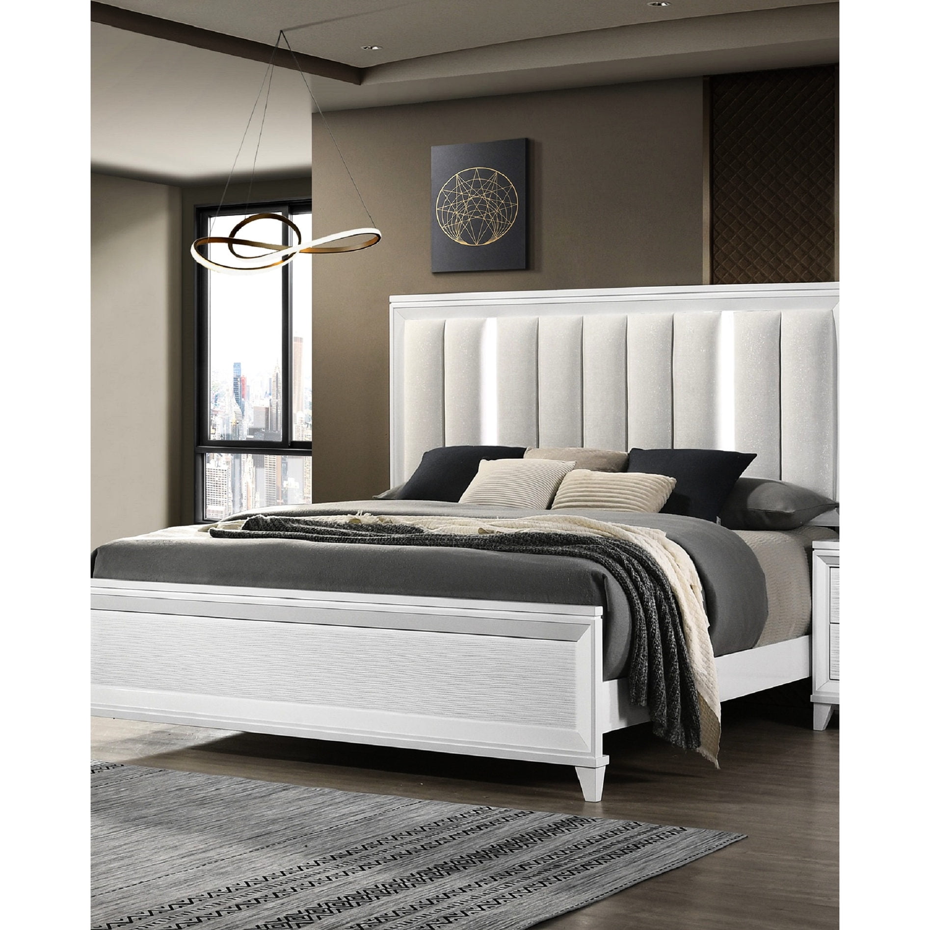 Contemporary King Bed, White Finish, Linen Look Upholstered with LED ...