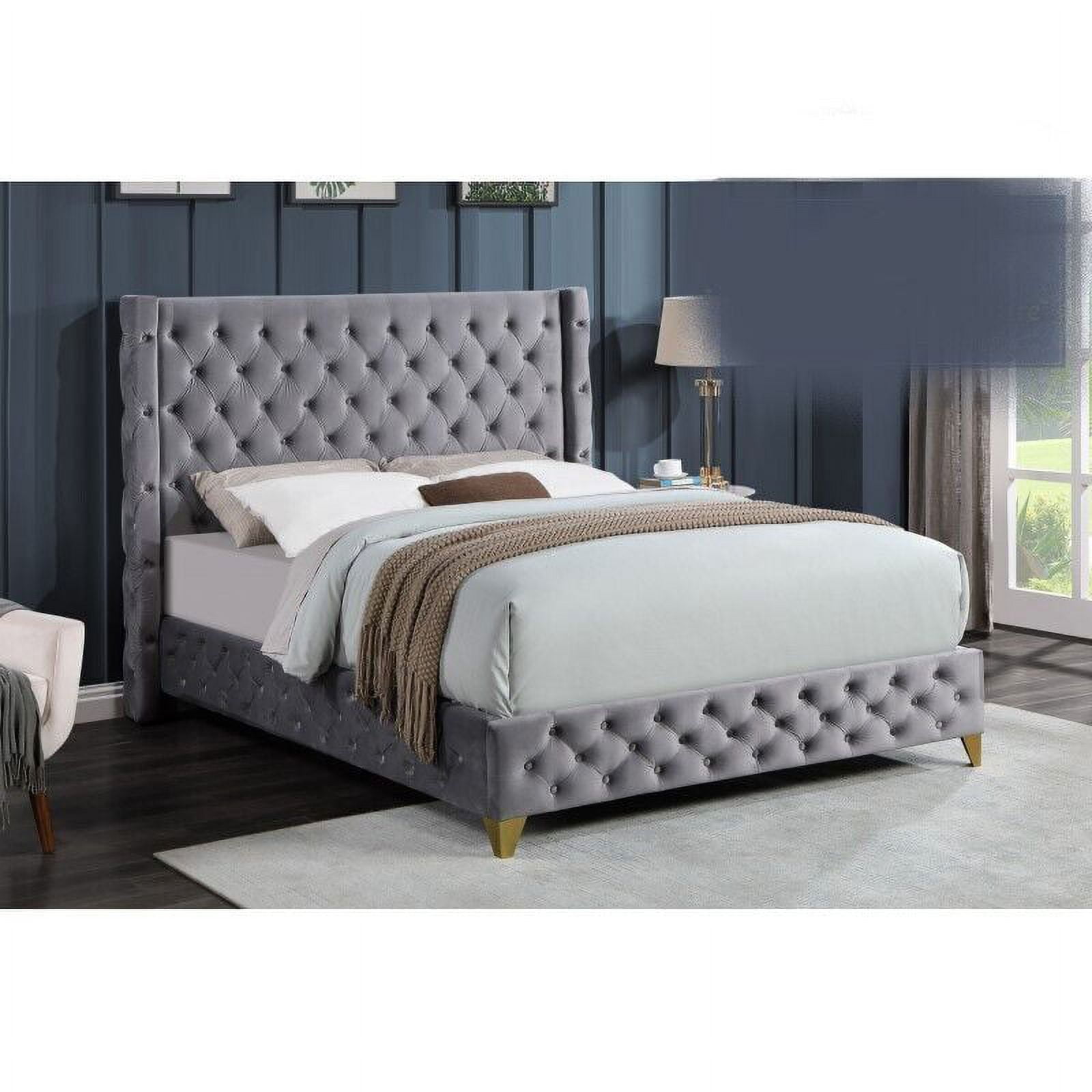 Contemporary King Platform Bed 1pc Gray Velvet Upholstered Fully Button ...