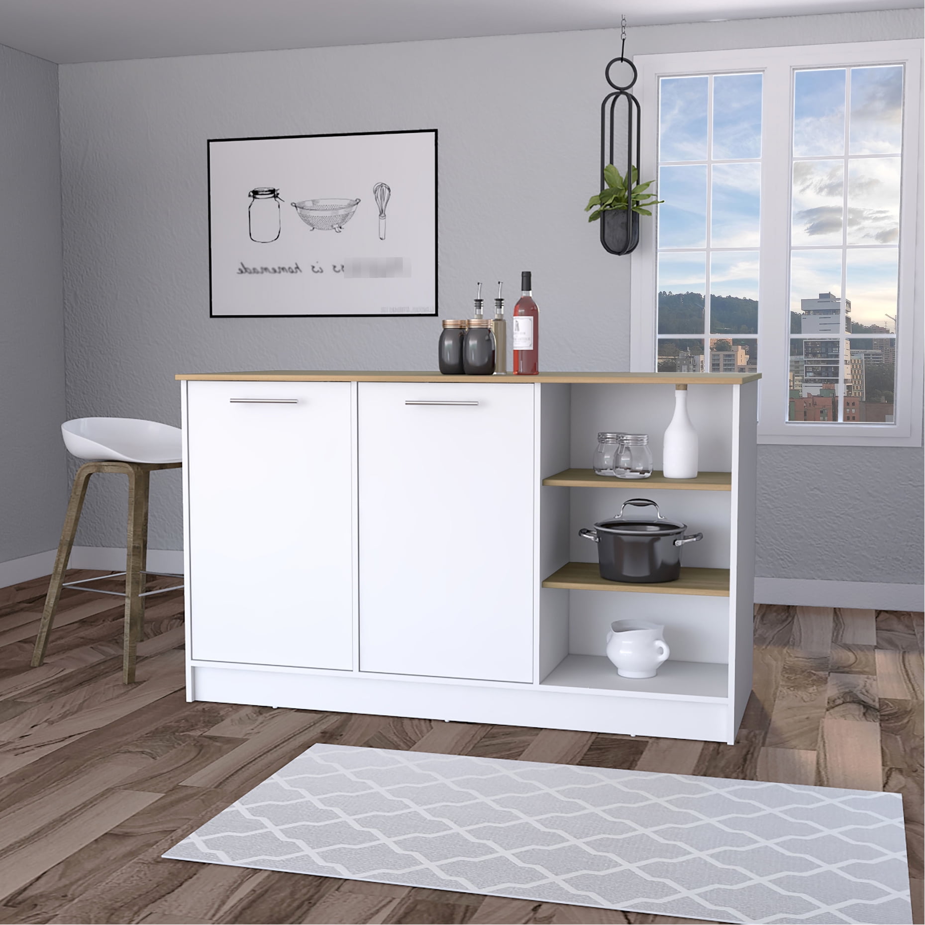 Contemporary Kitchen Island With Two Doors And Three Open Shelves For A ...