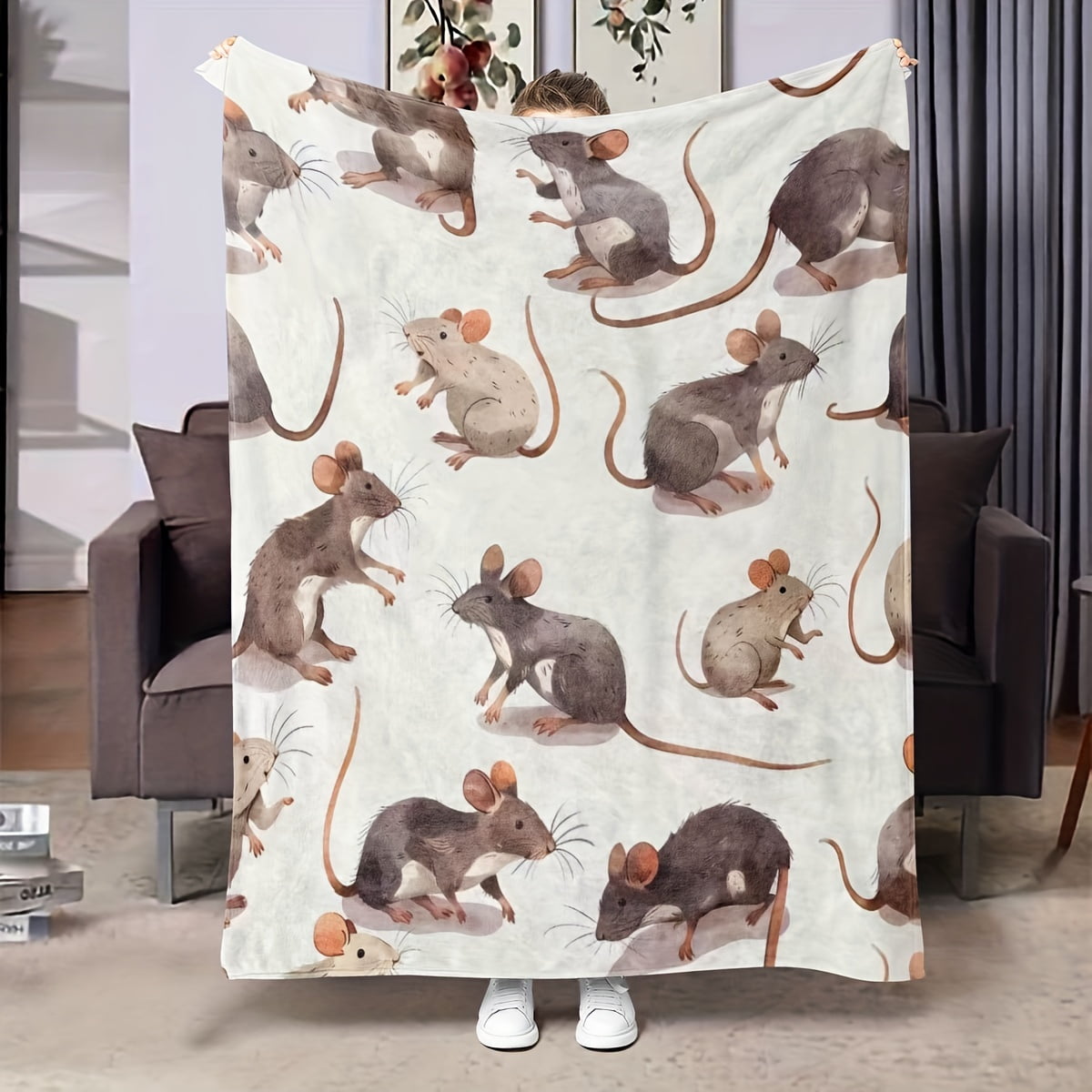 Contemporary Knitted Polyester Throw Blanket with Cute Rat Print - Soft ...