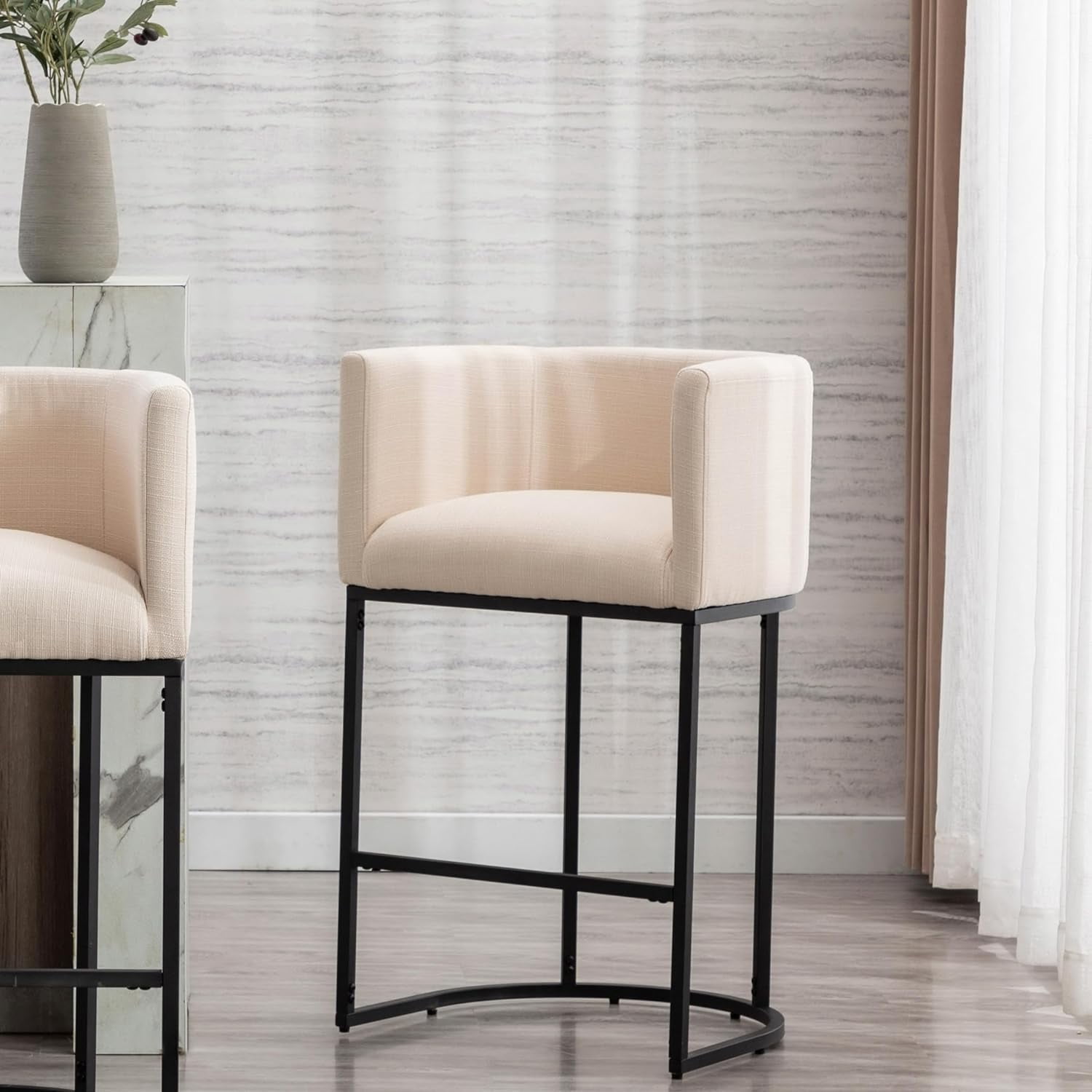 Contemporary Linen Bar Stool, Upholstered Fabric Counter Height ...