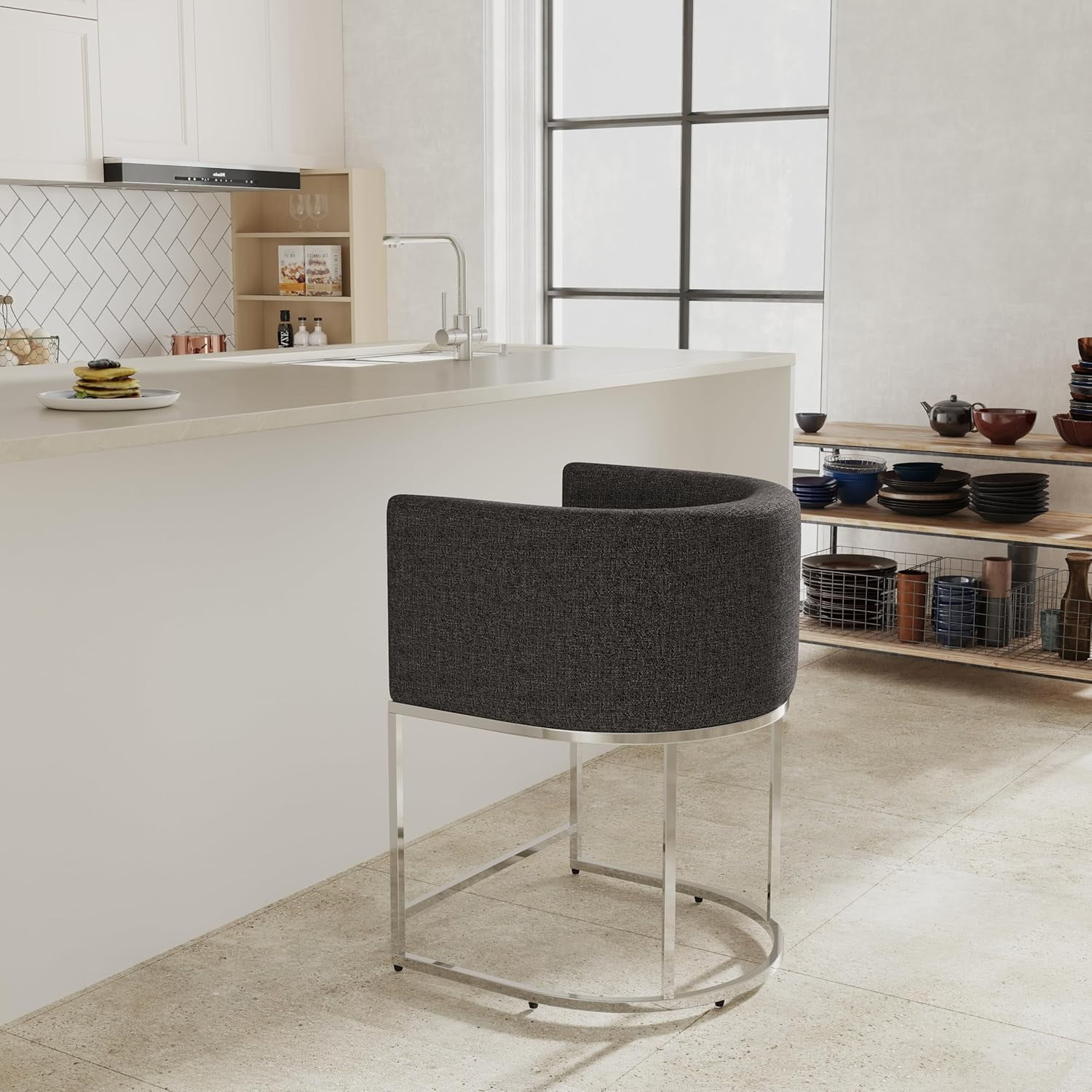 Contemporary Linen Bar Stool, Upholstered Fabric Counter Height ...