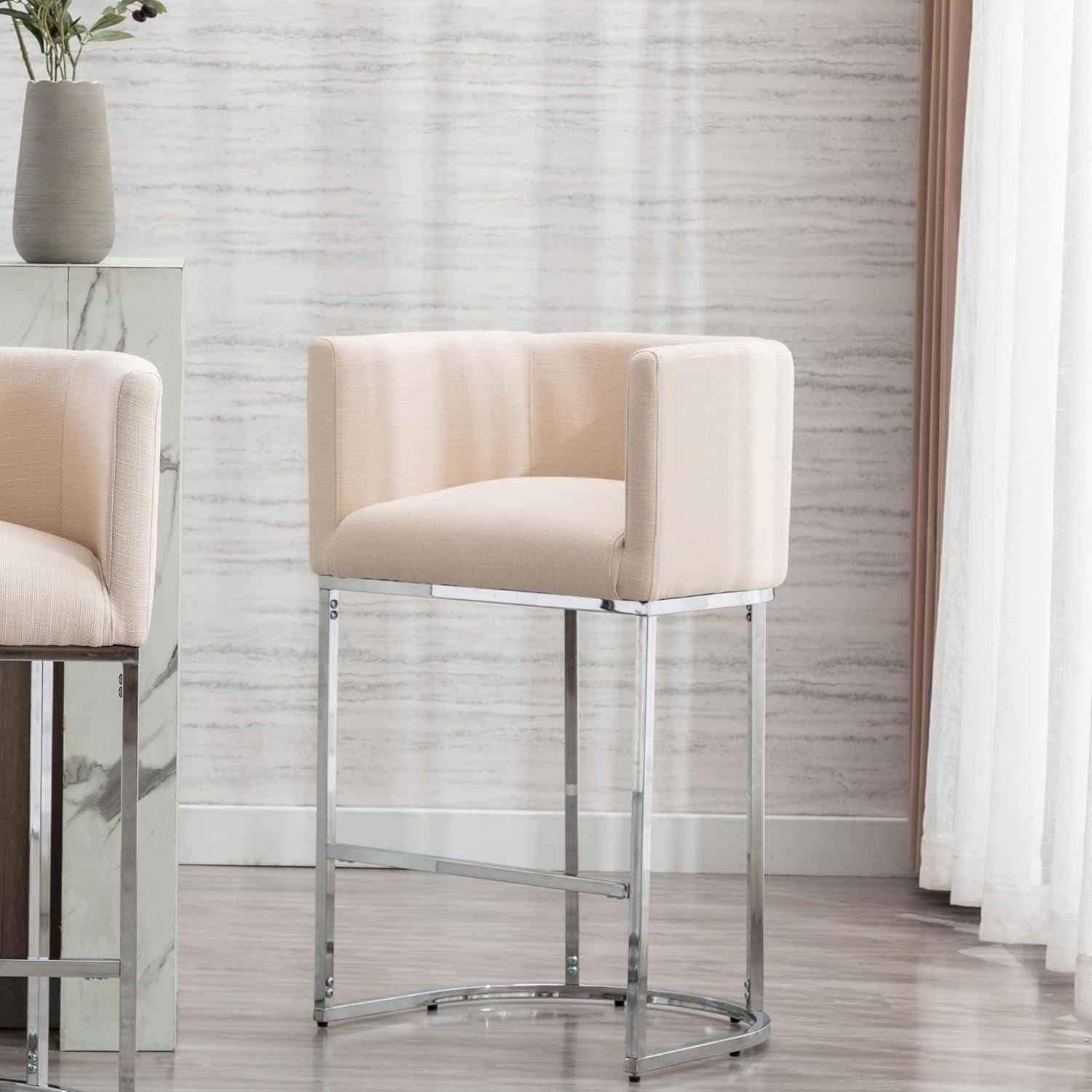 Contemporary Linen Bar Stool, Upholstered Fabric Counter Height ...