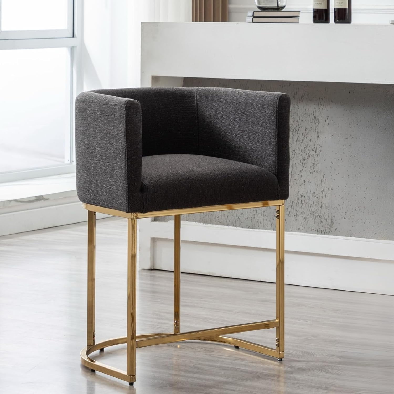 Contemporary Linen Bar Stool, Upholstered Fabric Counter Height ...
