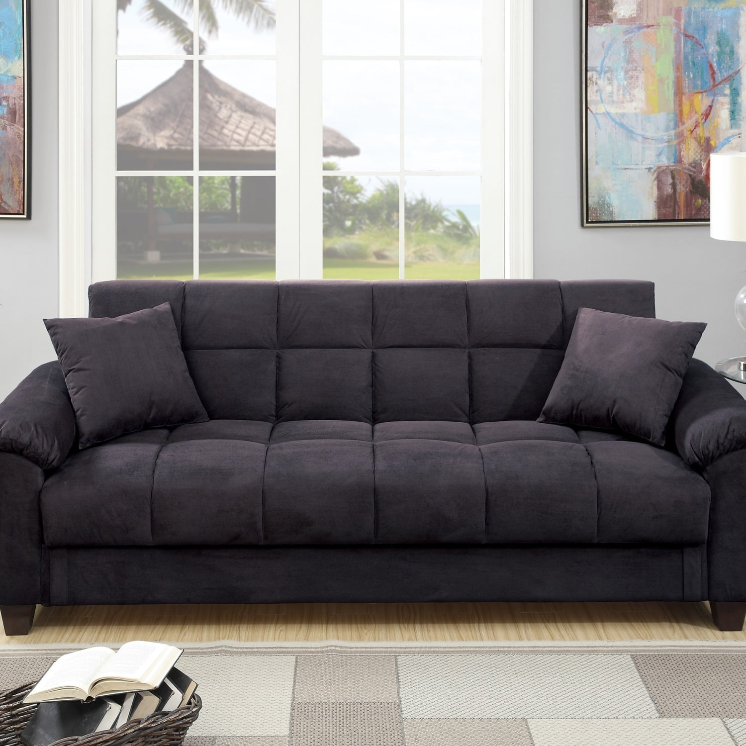 Contemporary Living Room Adjustable Sofa Ebony Microfiber Couch Plush ...